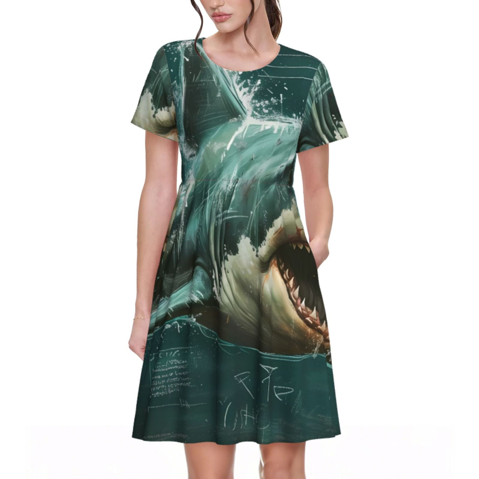 Balery Abstract Geometric Shark Pattern Womens Dresses Loose Short ...