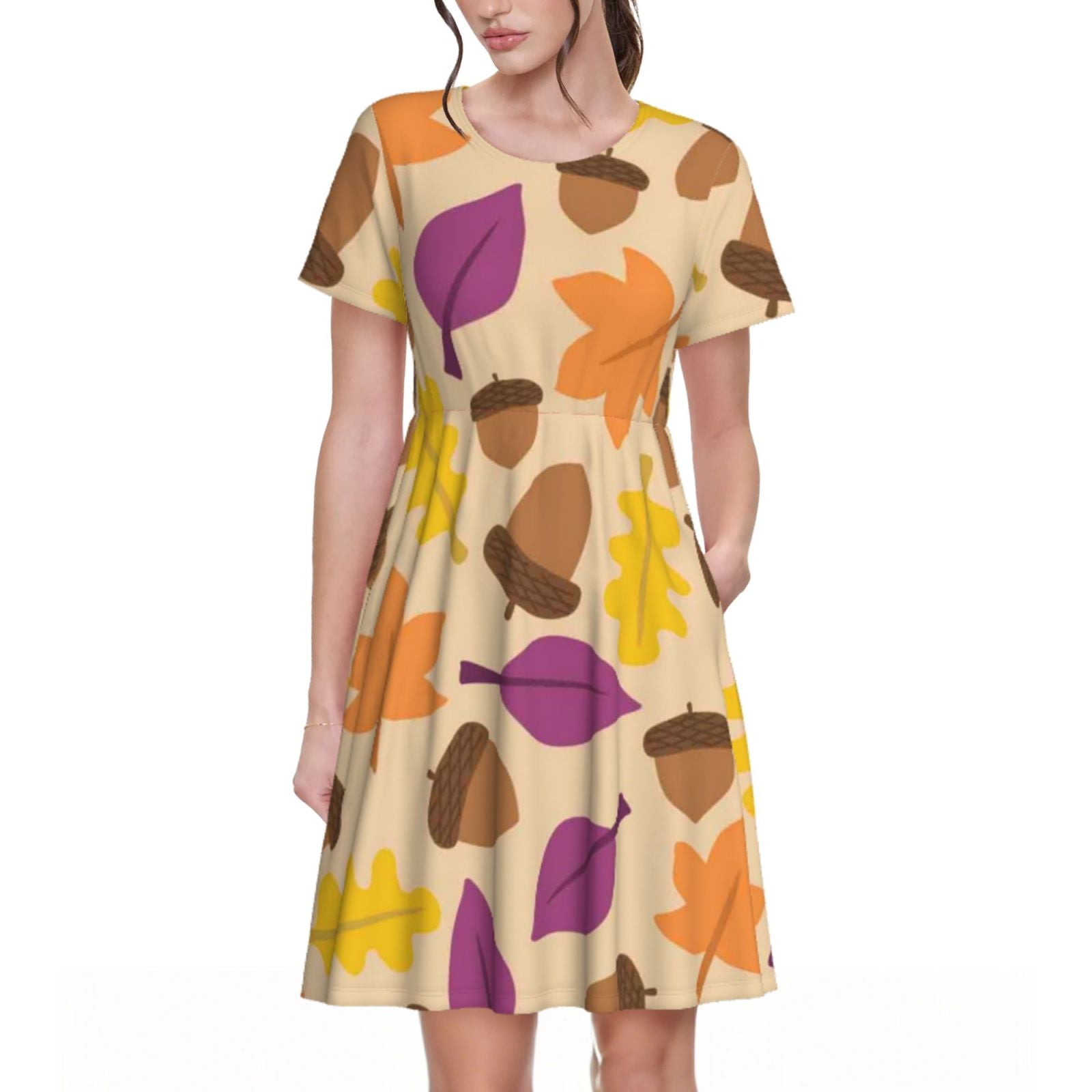 Balery Acorn Autumn Fall Leaf Leaves Pattern Womens Dresses Loose Short ...
