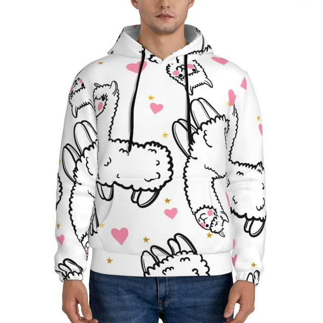 Balery Alpacas And Hearts Pattern Mens Hoodie Kangaroo Pocket Hoodie