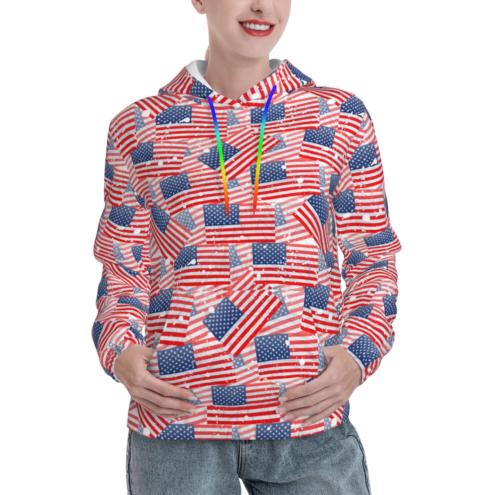 Balery America Flags Pattern Womens Long Sleeve Hoodie, Pullover Hooded ...