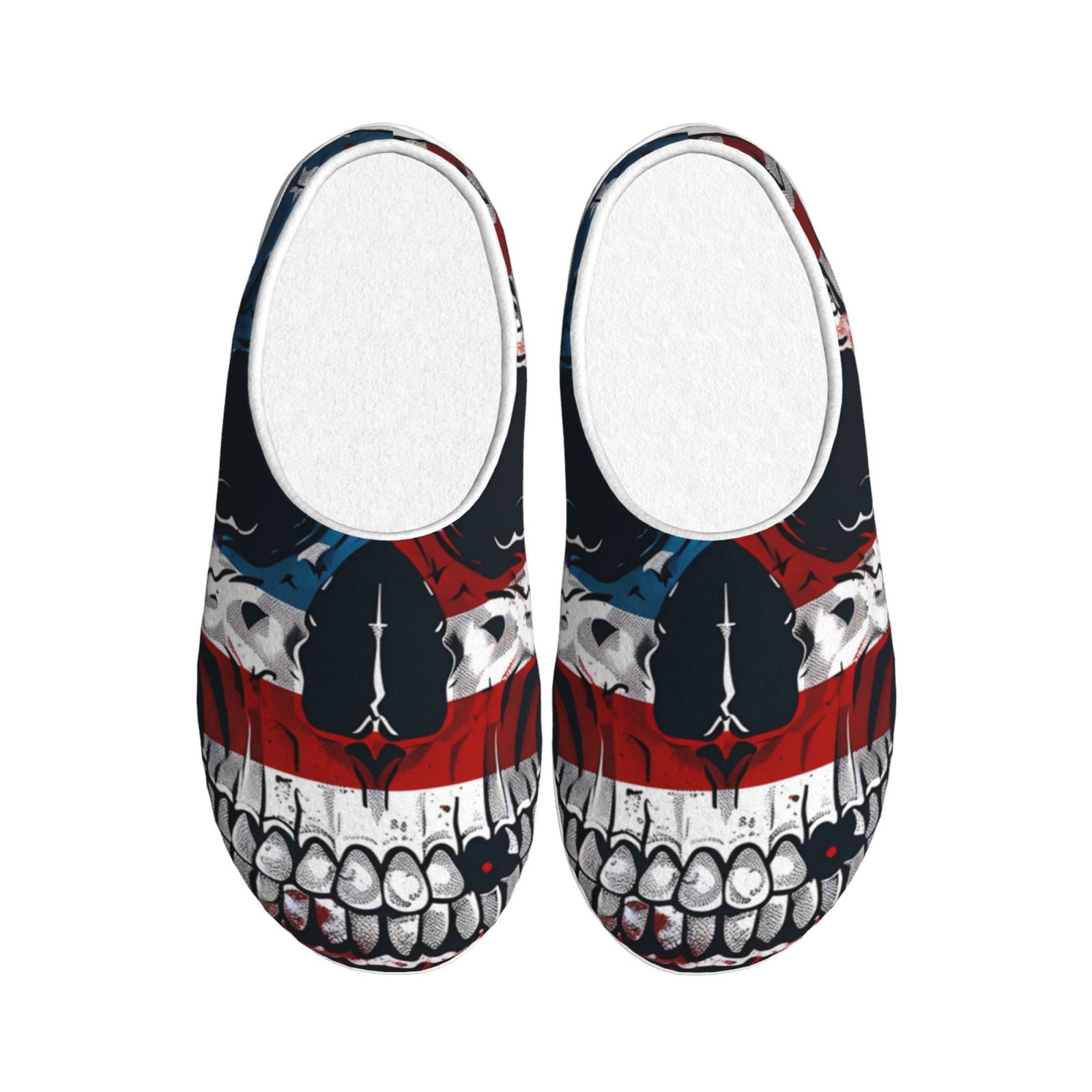 Balery American Flag Skull Pattern Women's Fuzzy Memory Foam Slippers ...