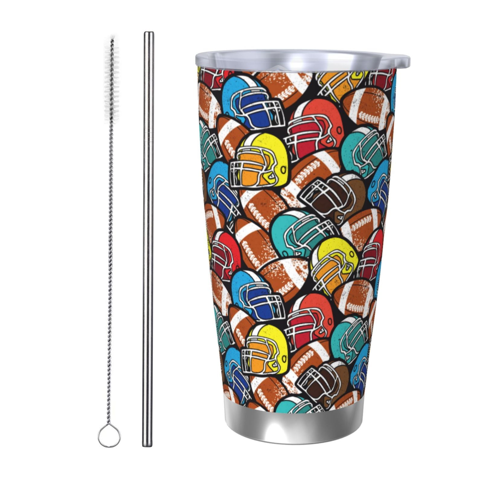 Balery American Football Pattern 20oz Insulated Car Cup with Dual Drink Lids, Stainless Steel ...