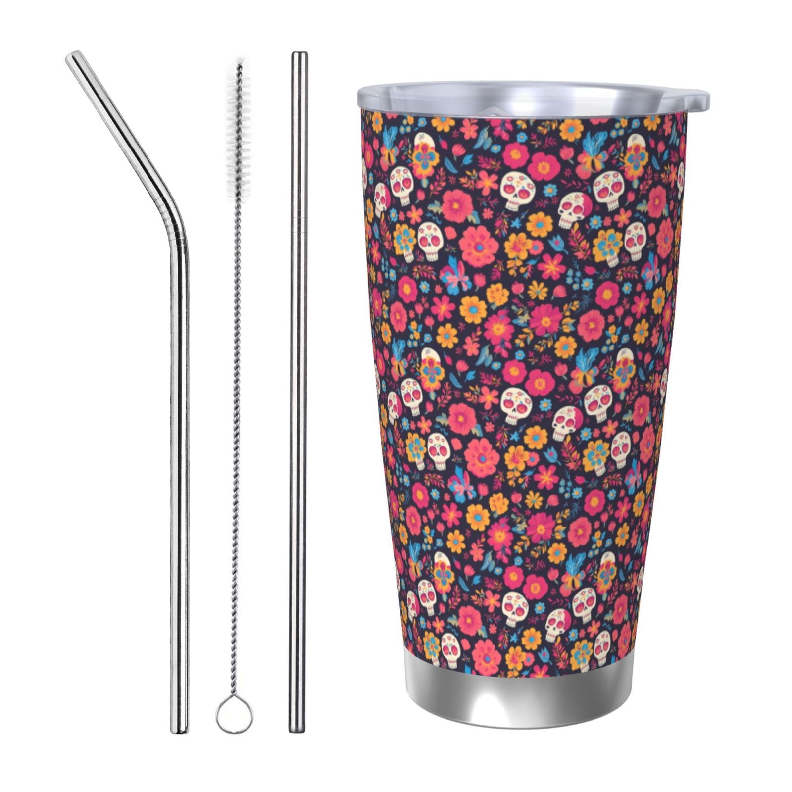 Balery Apricot color Skull flower Pattern 20oz Insulated Car Cup with ...