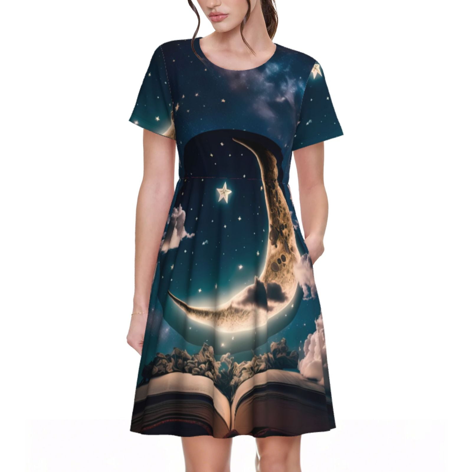 Balery Artistic Starry Sky Moon Book Pattern Womens Dresses Loose Short ...