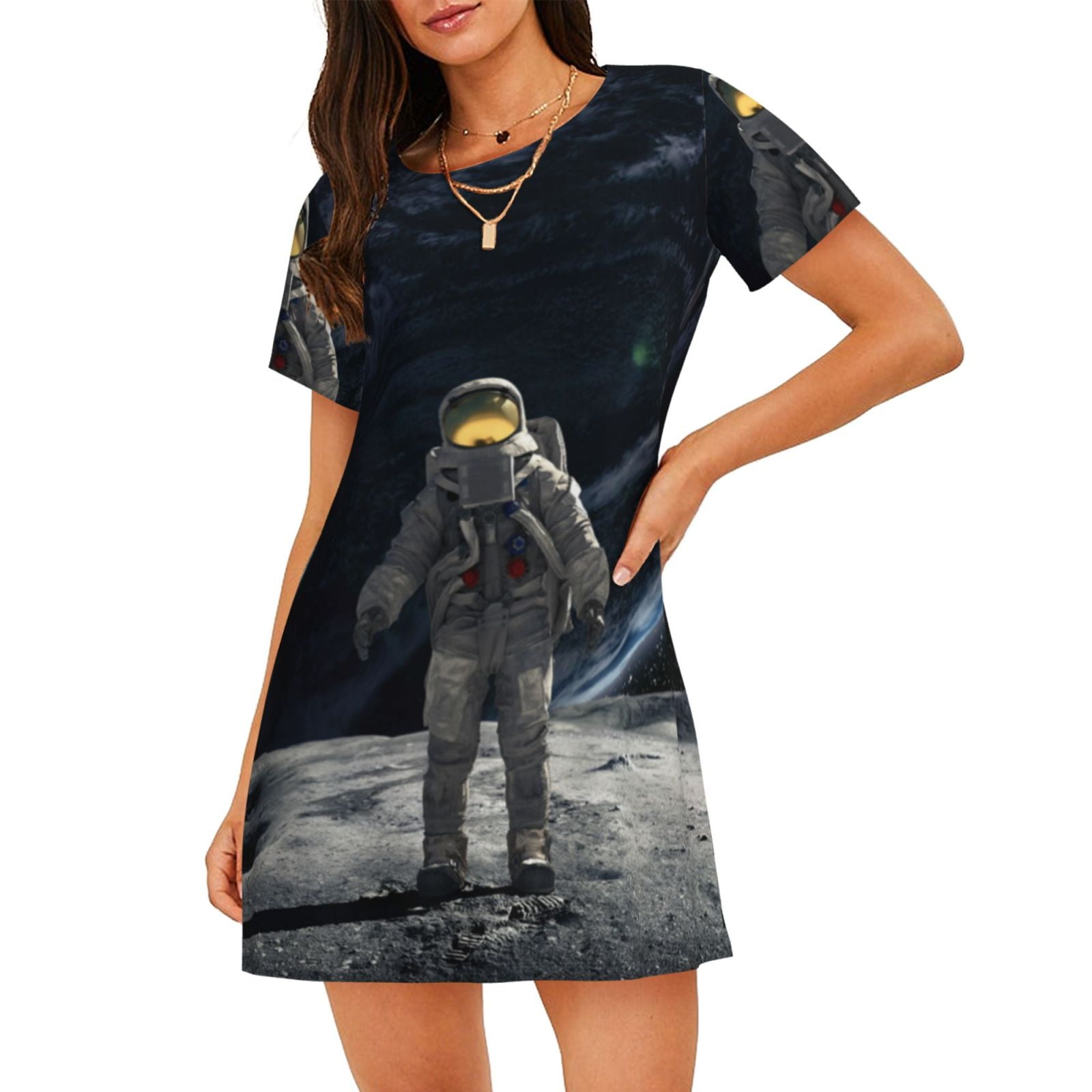 Balery Astronaut Standing In The Moon Pattern Womens Short Sleeve ...