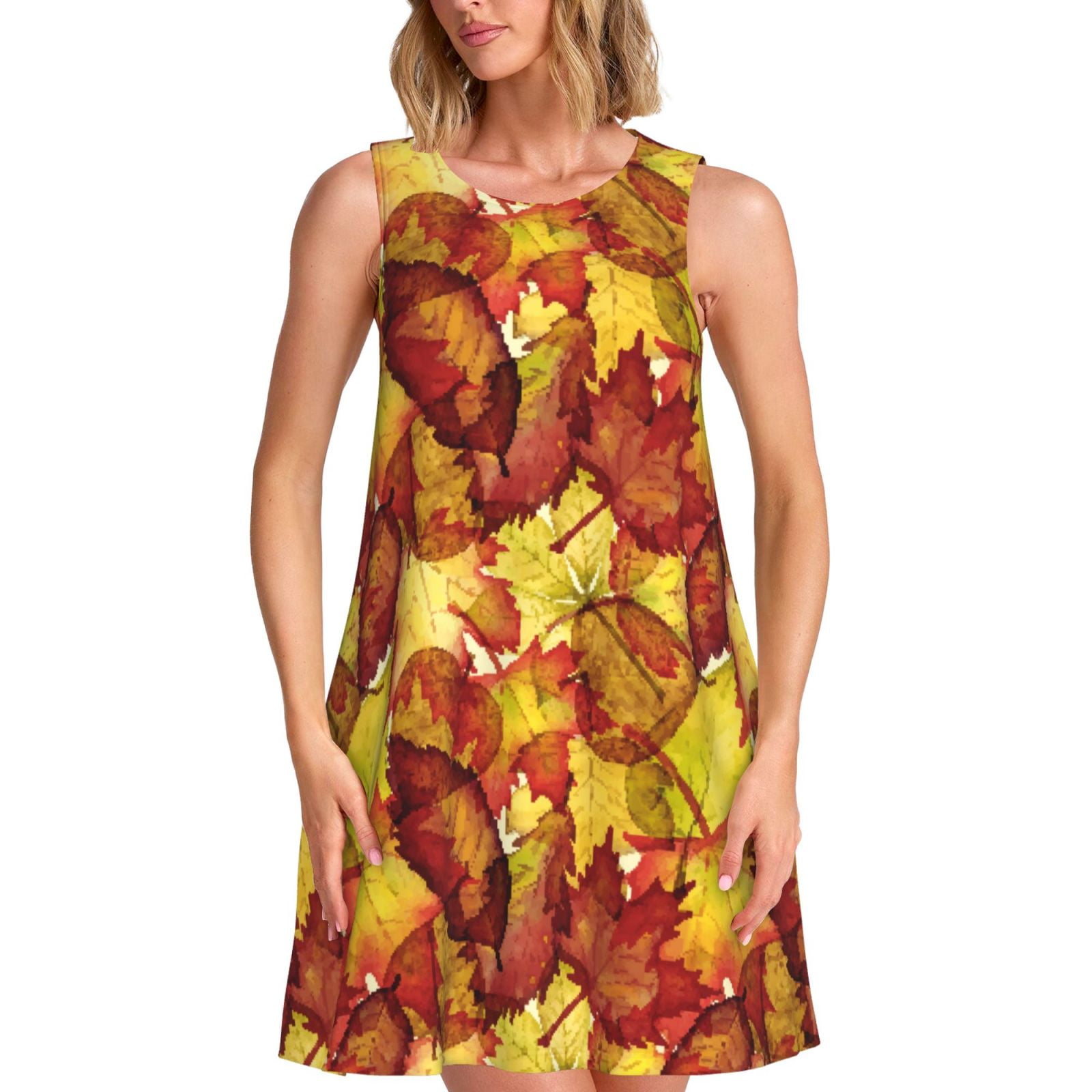 Balery Autumn Mosaic Maple Leaves Pattern Women’s Summer Dresses ...