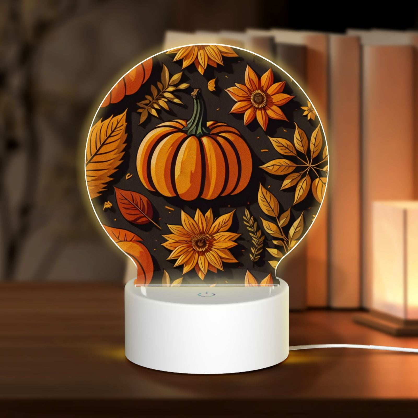 Balery Autumn Pumpkin Leaves Pattern Acrylic Night Light Gift with 3 ...