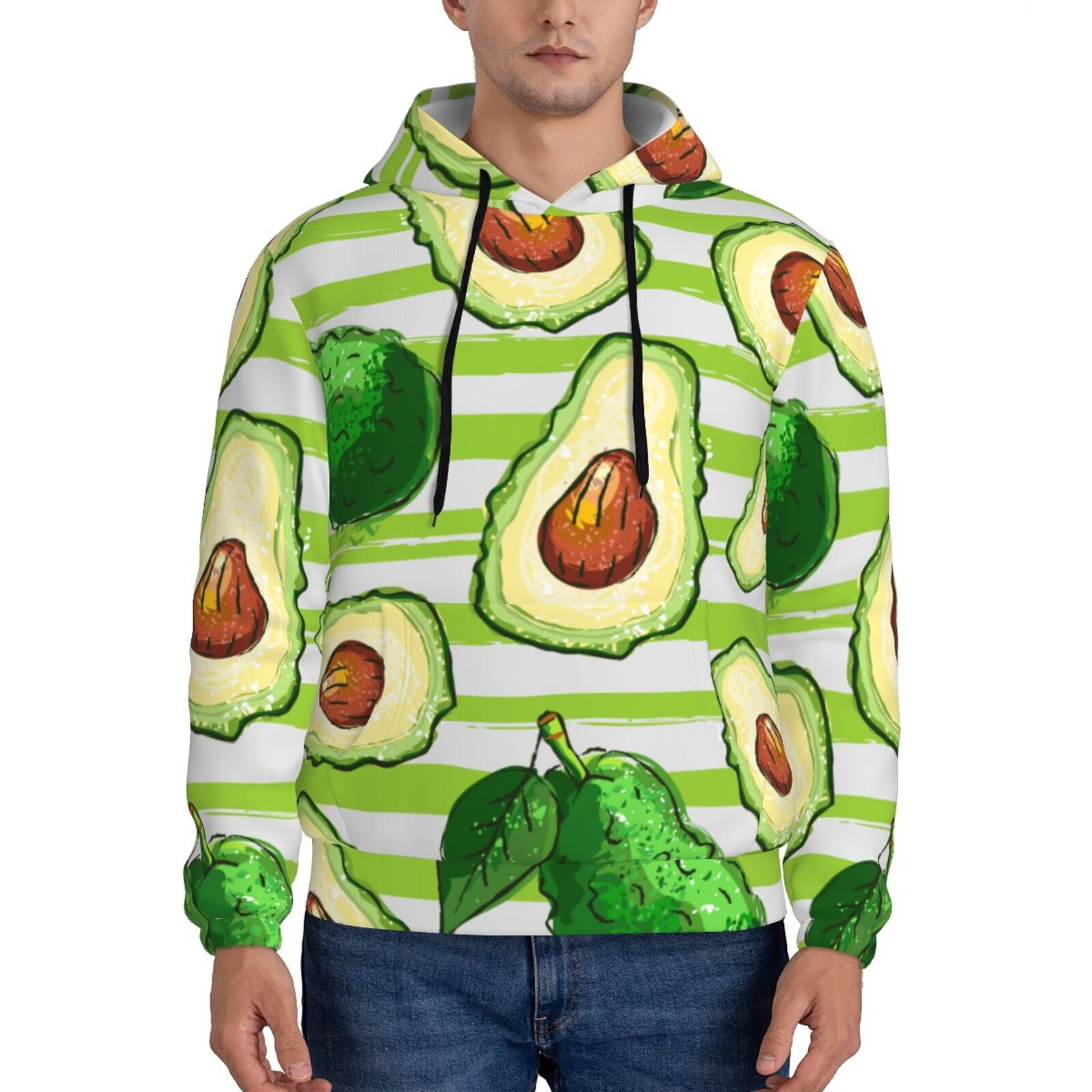 Balery Avocado Green Striped Pattern Mens Hoodie Kangaroo Pocket Hoodie ...