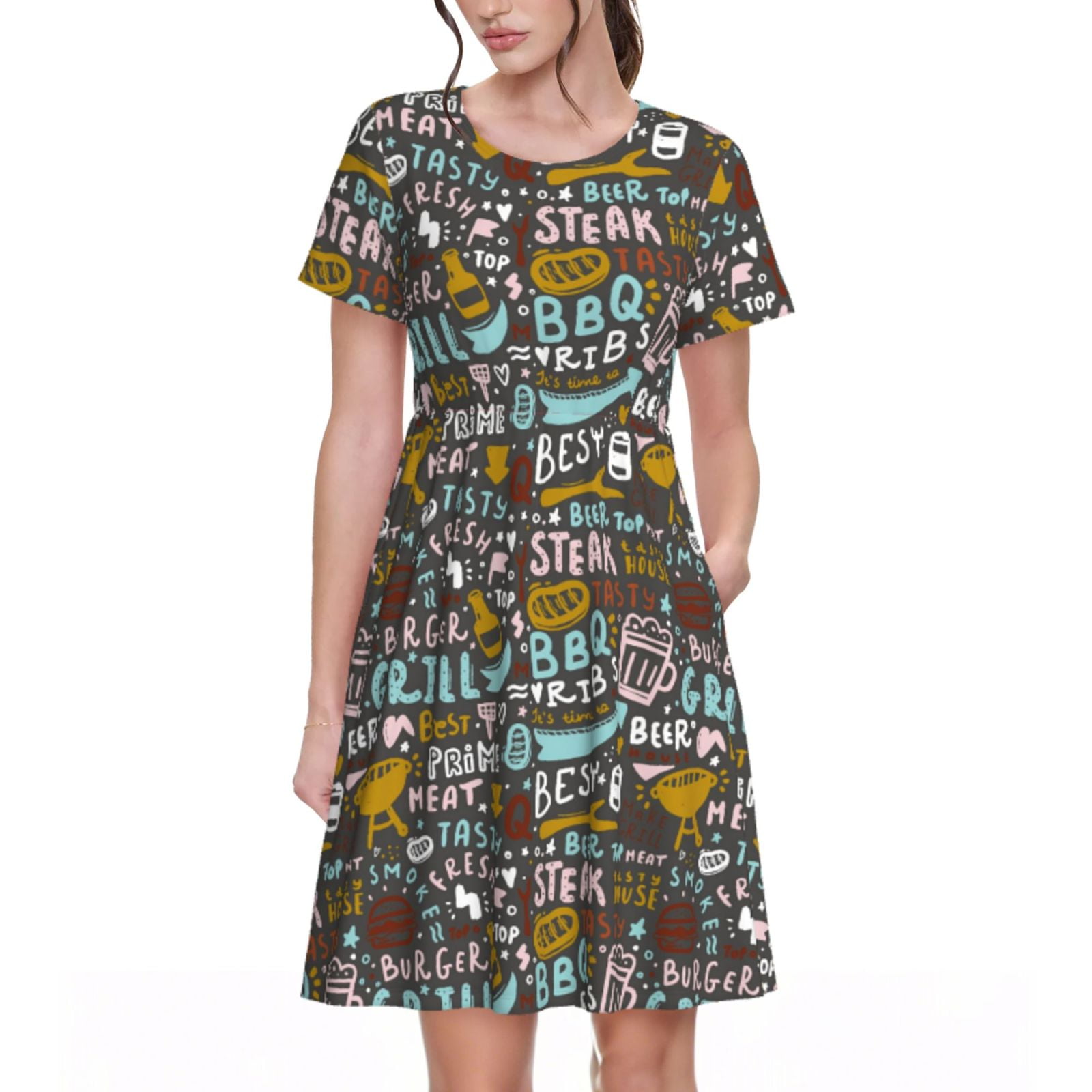 Balery Barbeque Pattern Womens Dresses Loose Short sleeve Sundresses ...