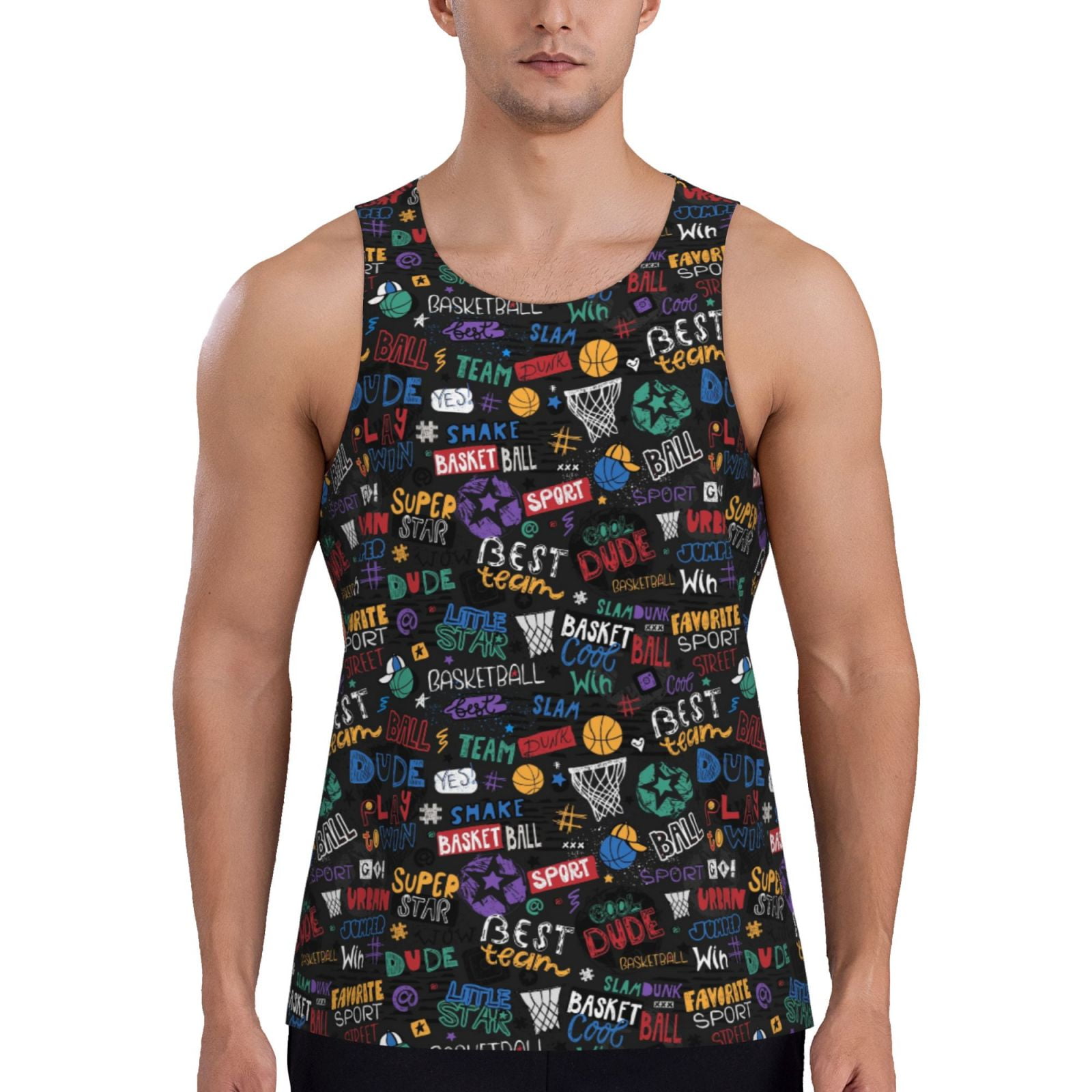 Balery Basketball Pattern Men's Workout Tank Top Gym Muscle Tee Fitness ...