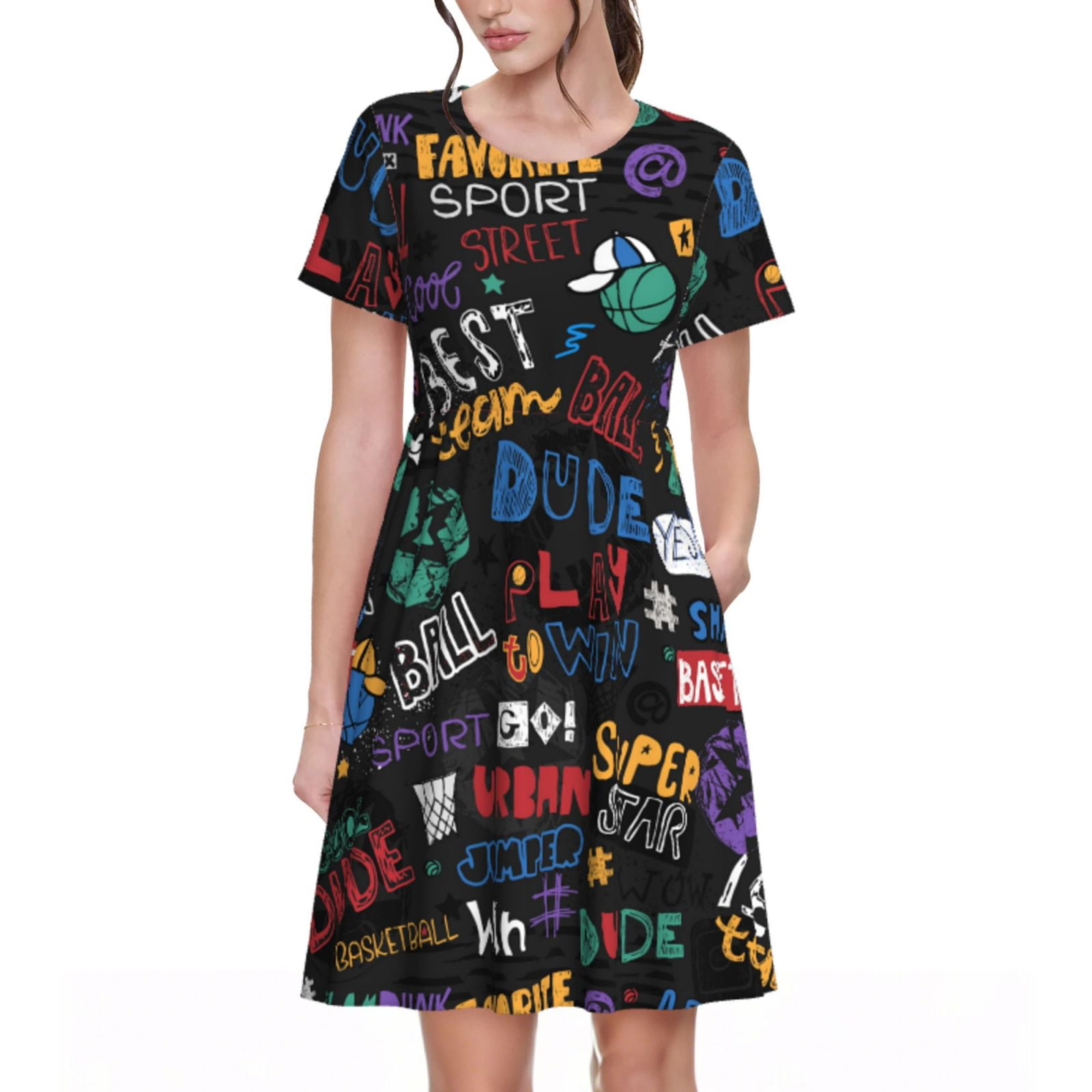 Balery Basketball Pattern Womens Dresses Loose Short sleeve Sundresses ...