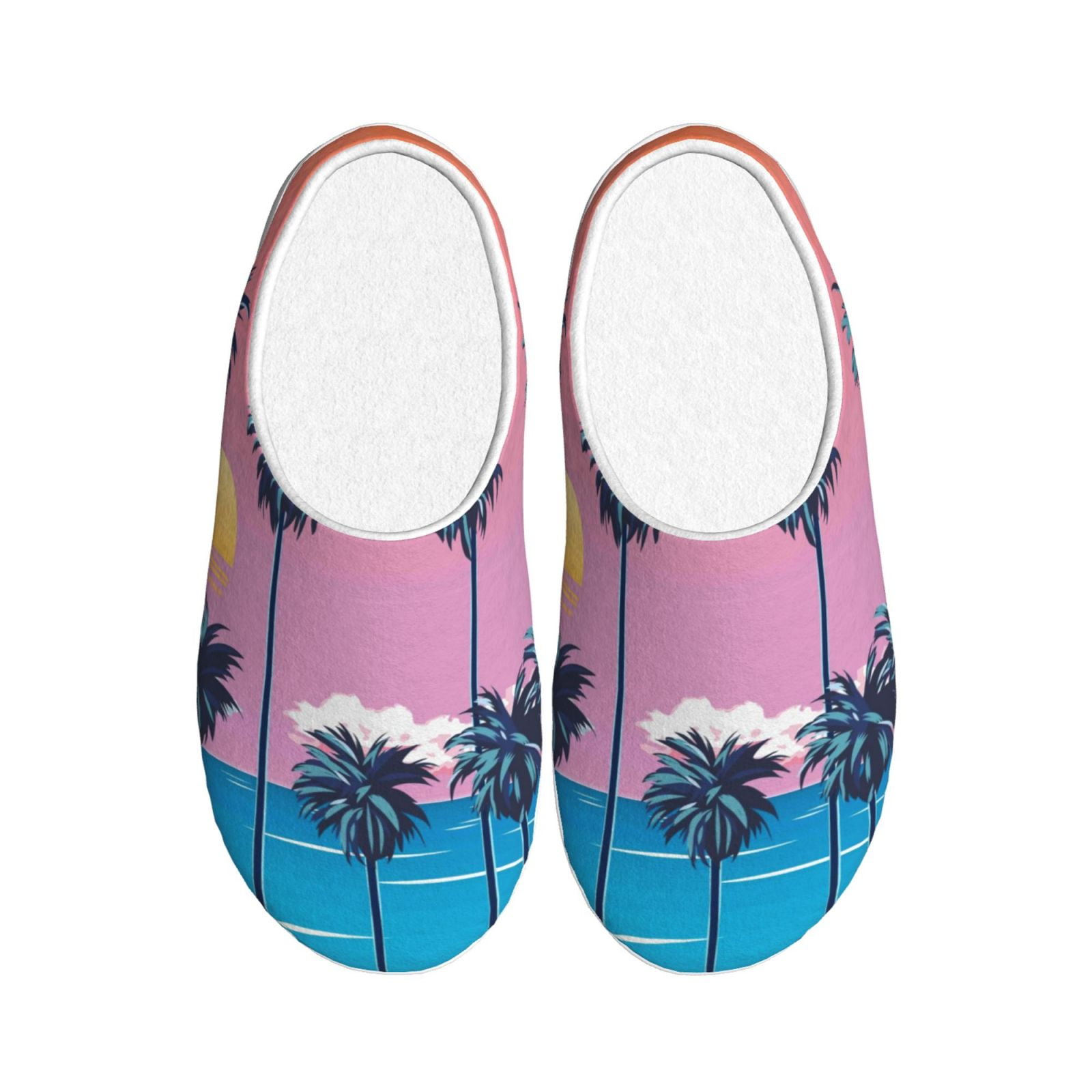 Balery Beach with Palm Trees Pattern Women's Fuzzy Memory Foam Slippers ...