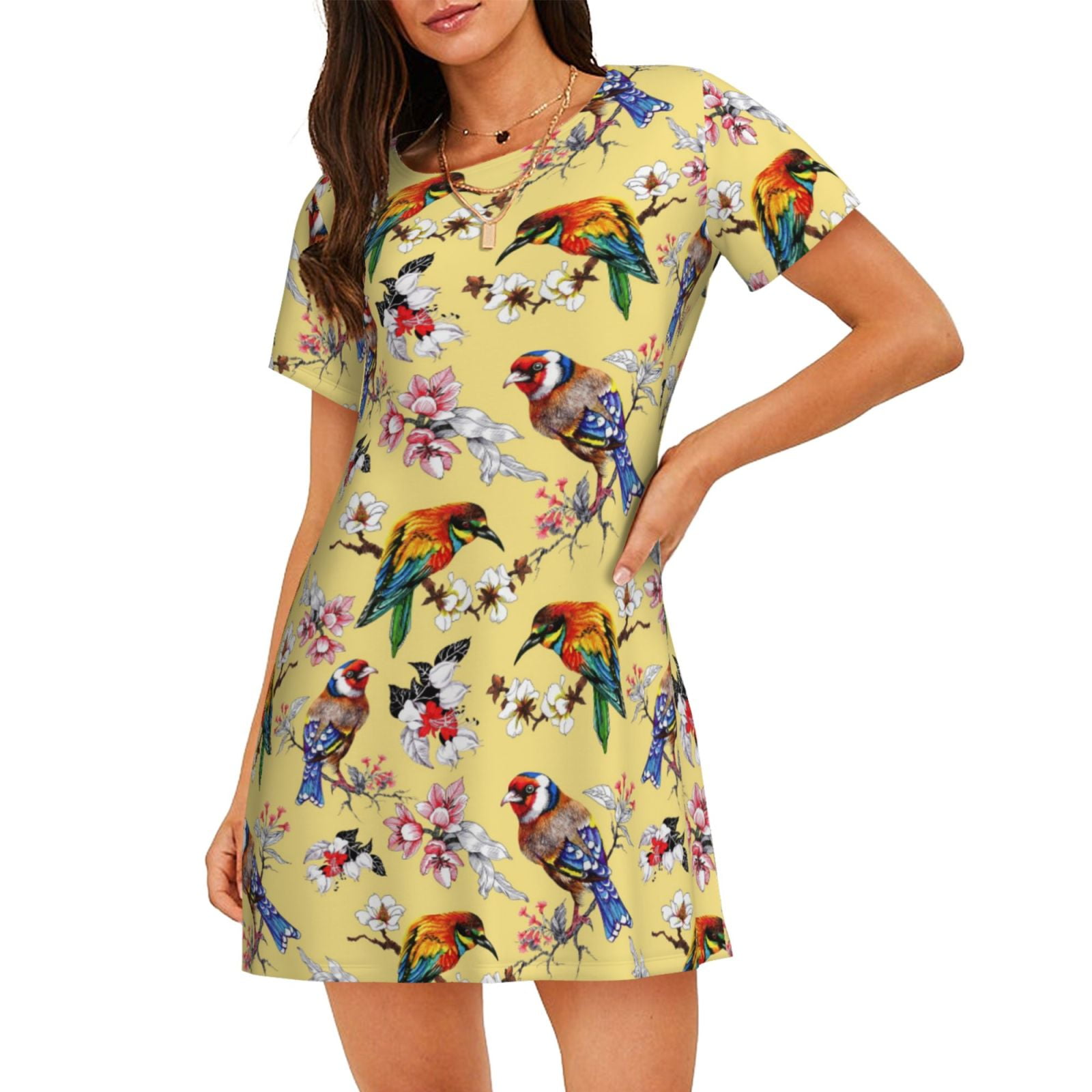 Balery Beautiful Bright Birds And Flowers Pattern Womens Short Sleeve ...