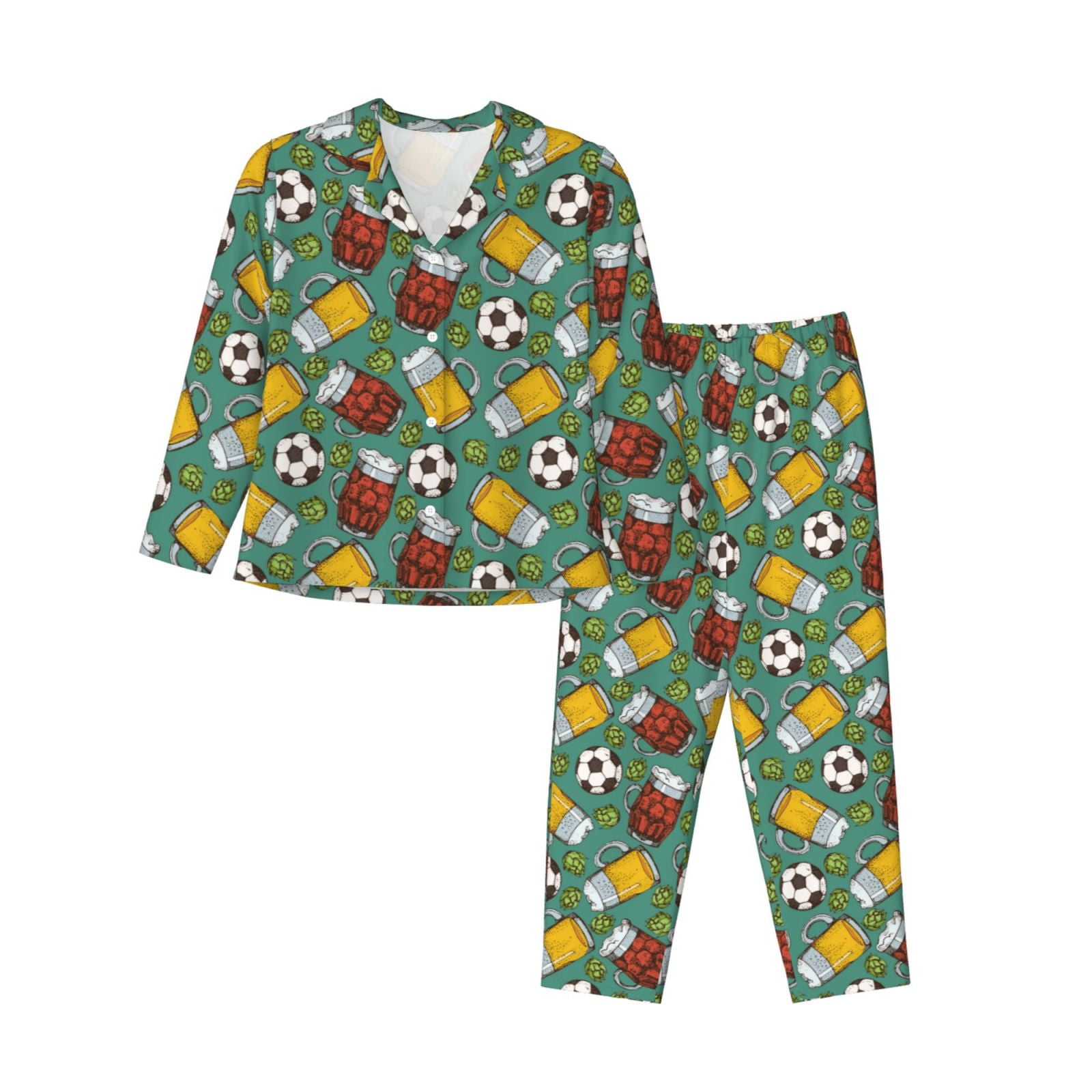 Balery Beer And Soccer Pattern Pajama Sets for Women Long Sleeve 2 ...