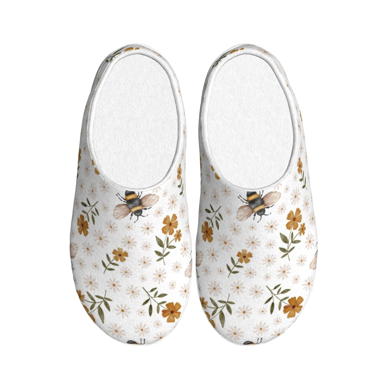 Balery Bees And Flowers Pattern Women's Fuzzy Memory Foam Slippers ...