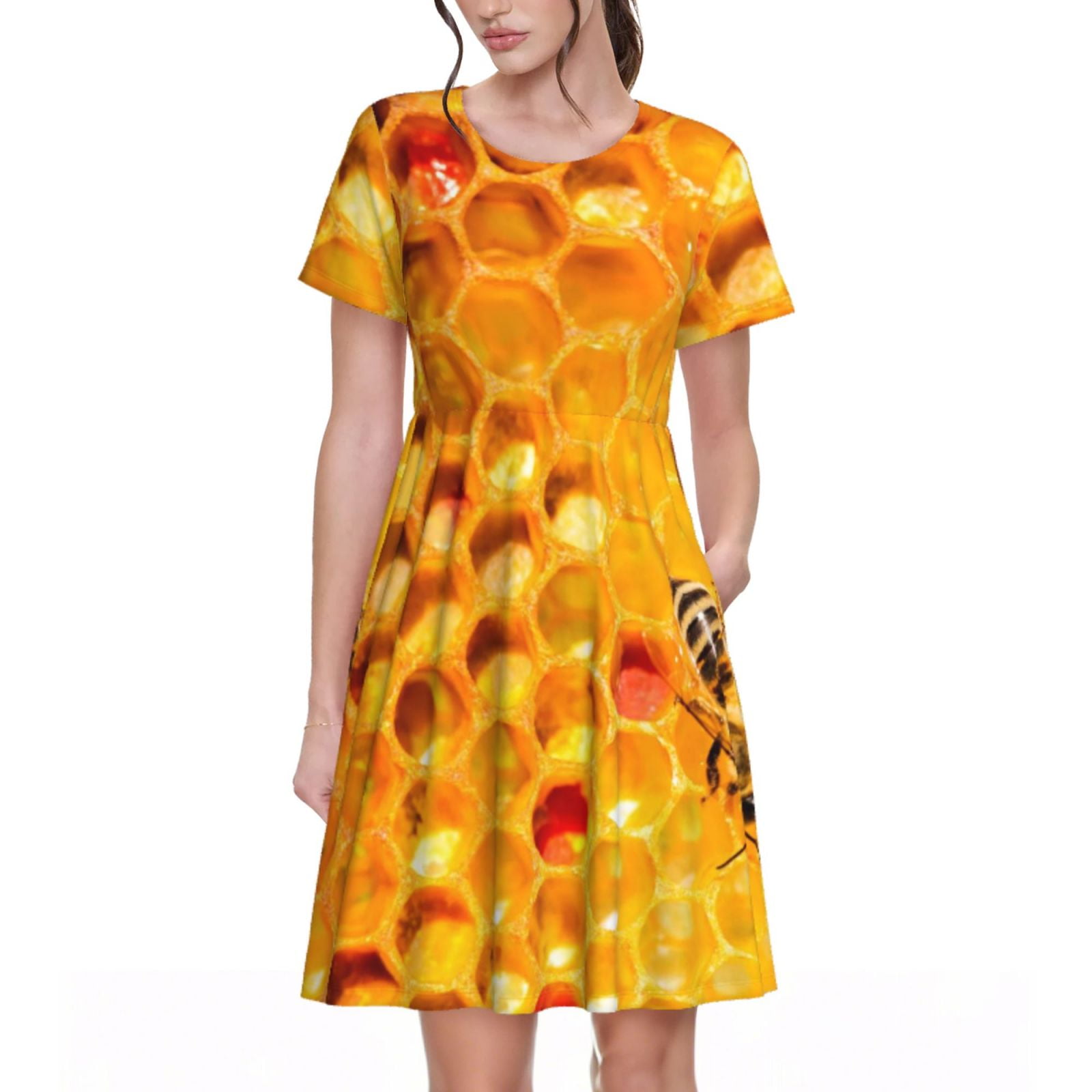 Balery Bees on Hive Honeycomb Pattern Womens Dresses Loose Short sleeve ...