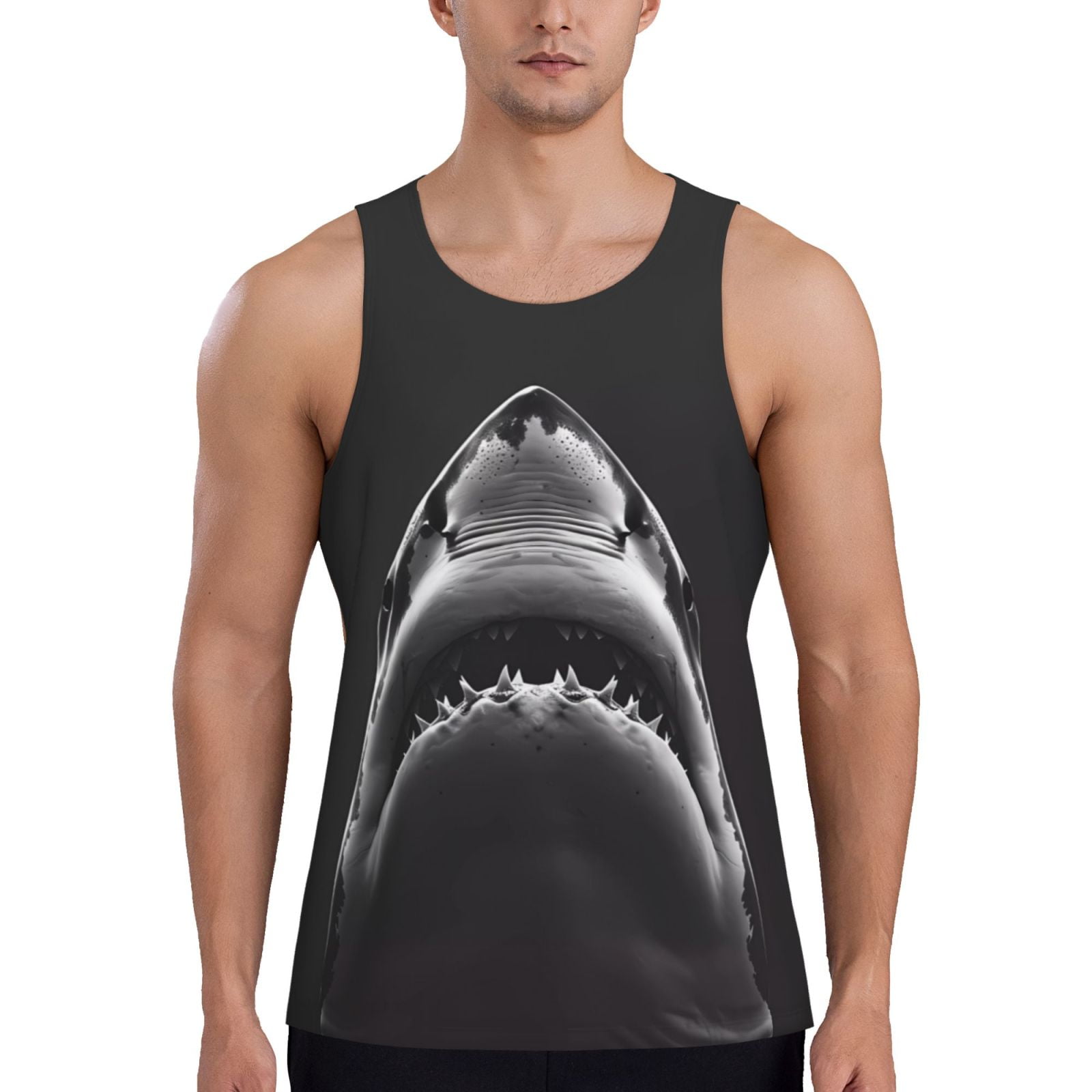 Balery Black And White Shark Pattern Men's Workout Tank Top Gym Muscle ...