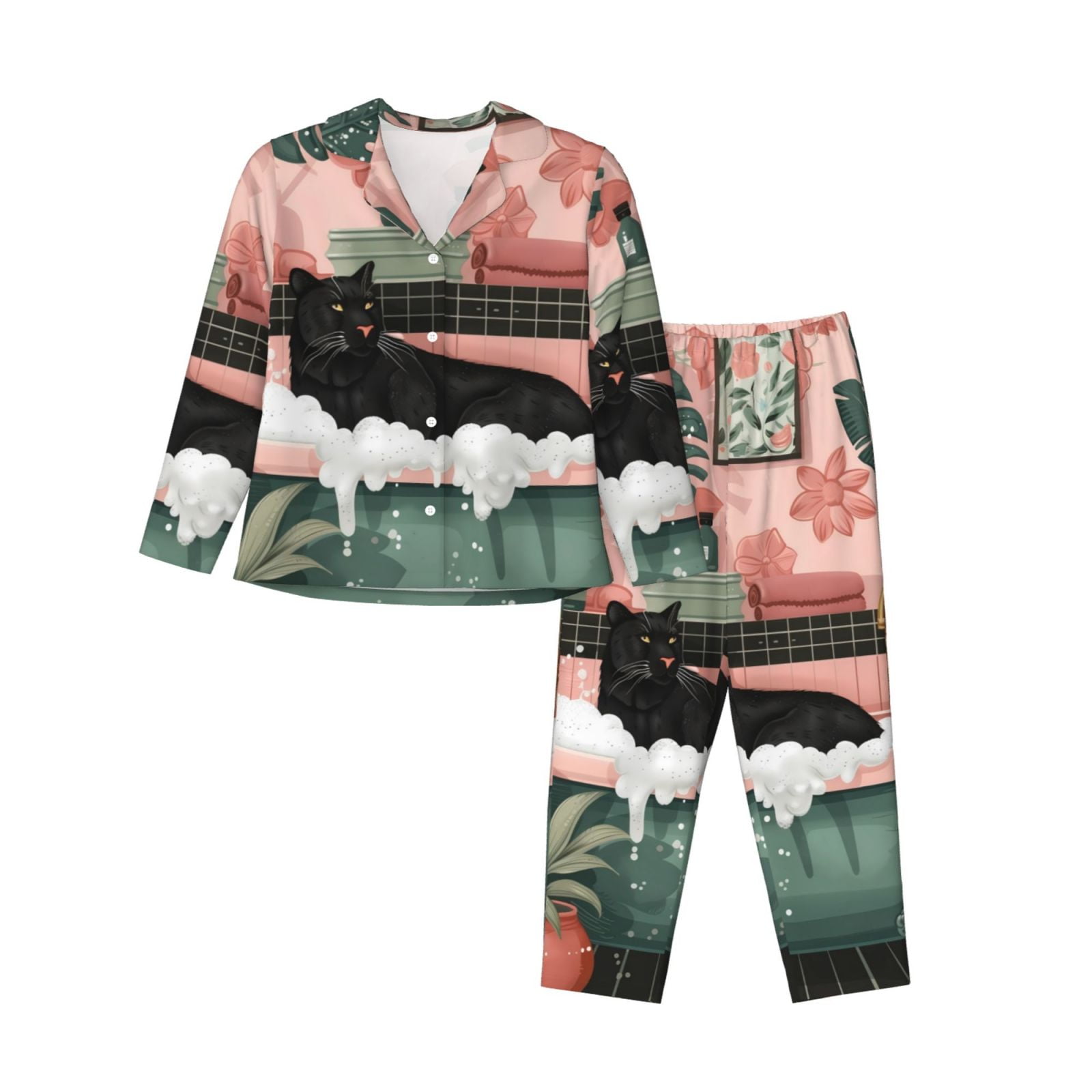 Balery Black Cat Pink Bathroom Pattern Pajama Sets for Women Long ...