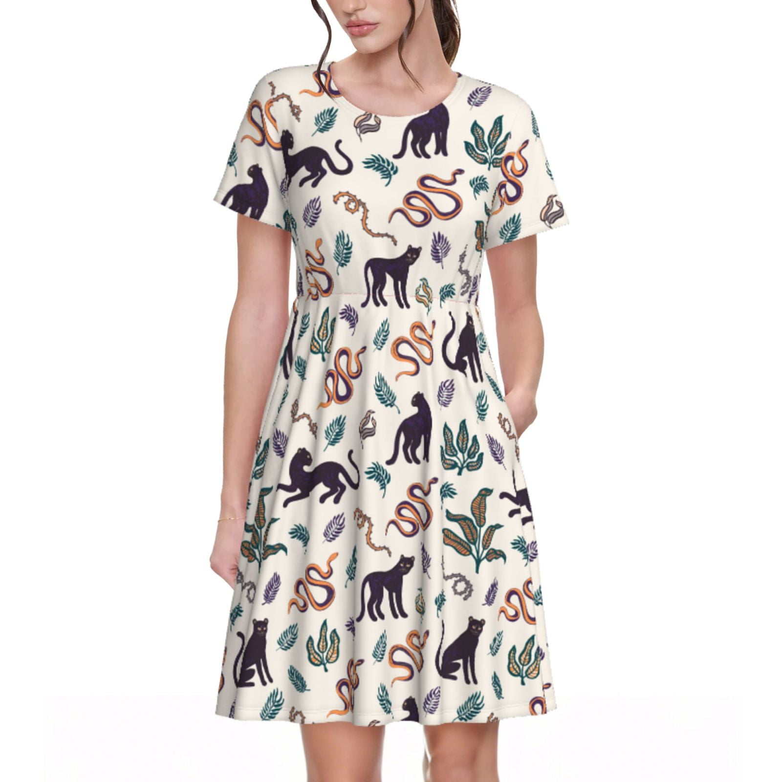 Balery Black Cat And Snake Pattern Womens Dresses Loose Short sleeve ...
