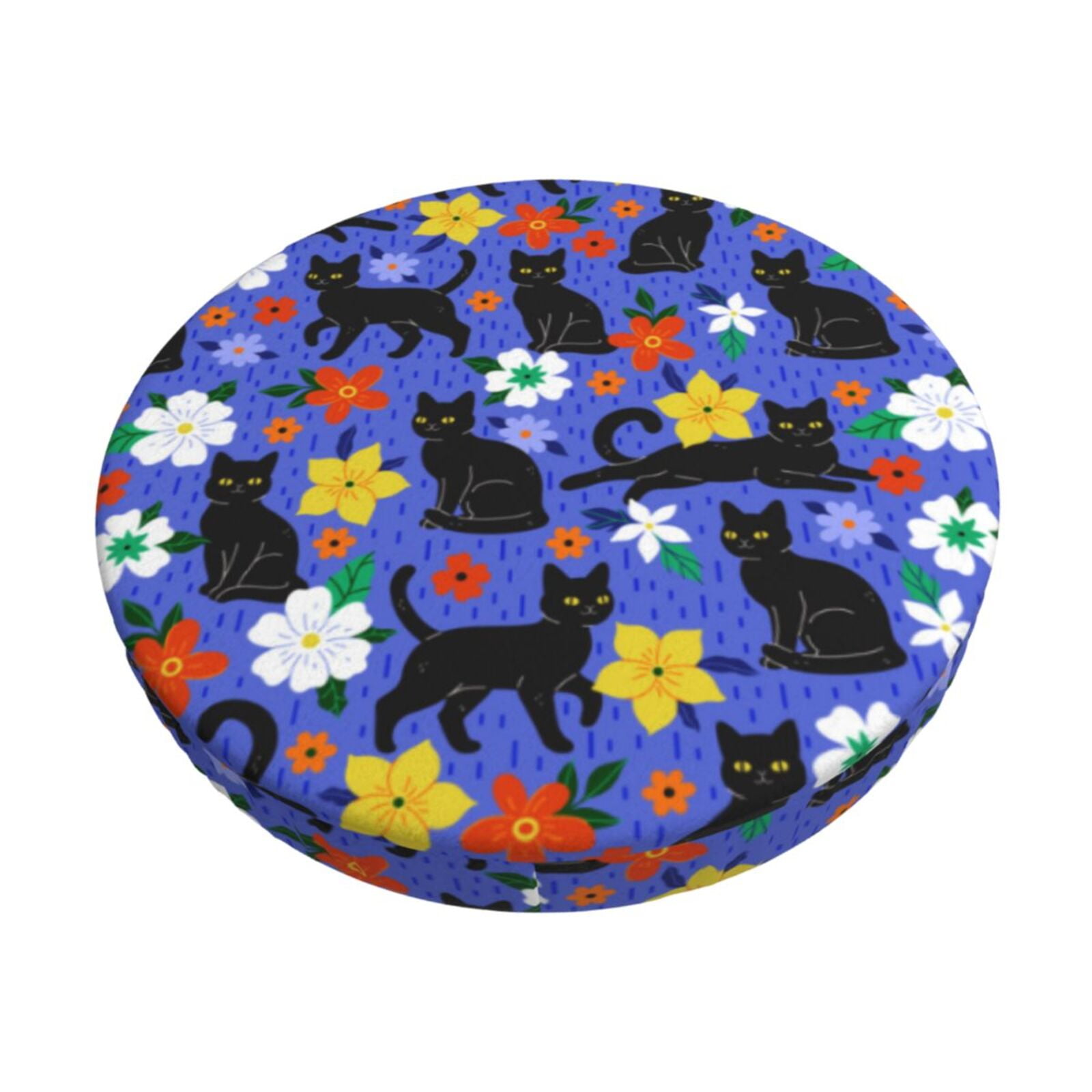 Balery Black Cats And Flowers Round Bar Stool Seat Covers Velvet Fabric ...