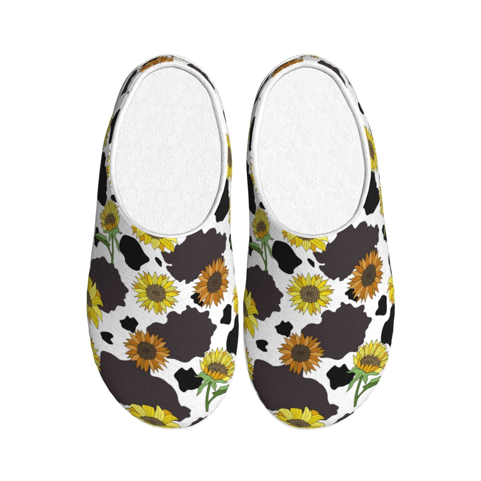 Balery Black Cow Sunflowers Pattern Women's Fuzzy Memory Foam Slippers ...