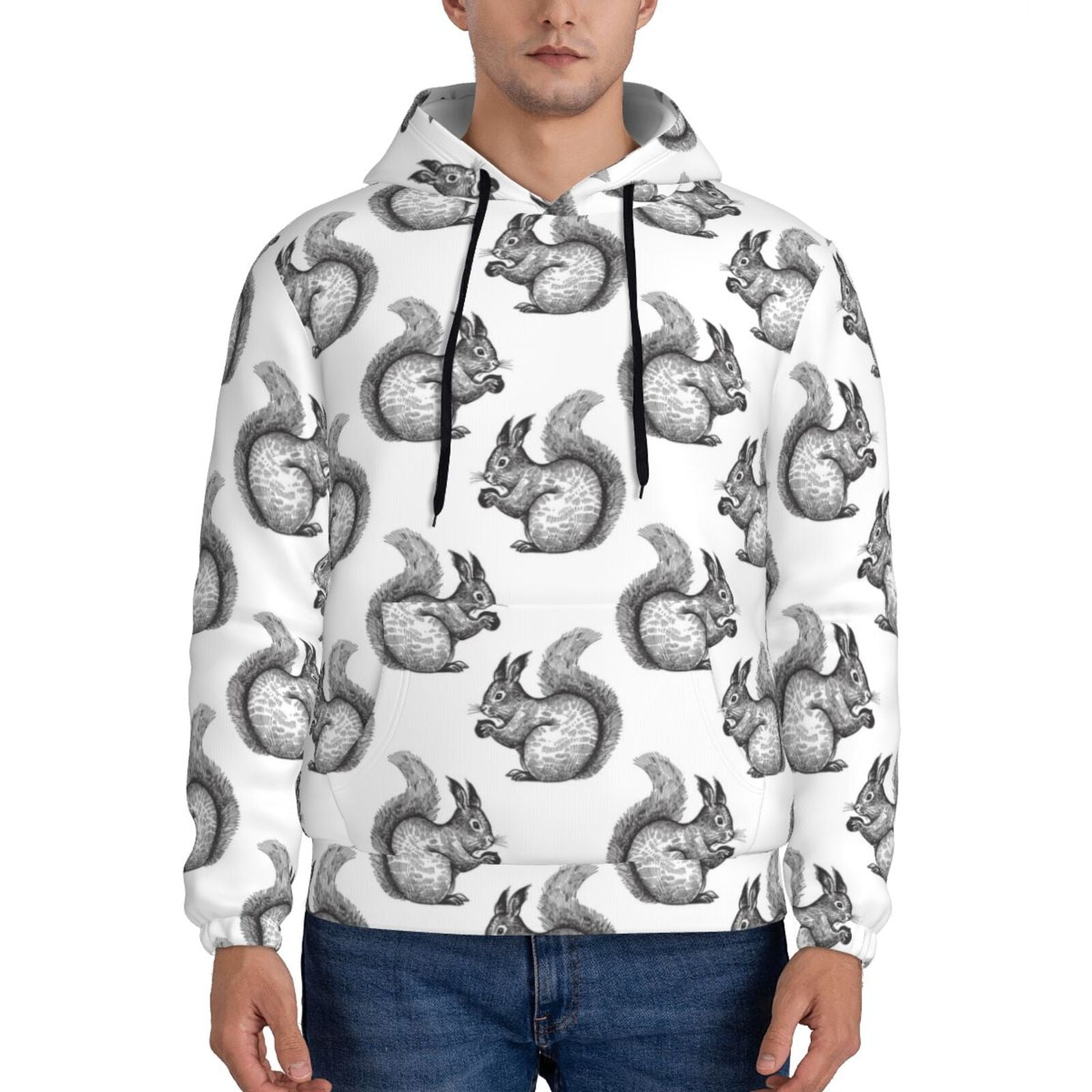 Balery Black Squirrel Pattern Mens Hoodie Kangaroo Pocket Hoodie ...