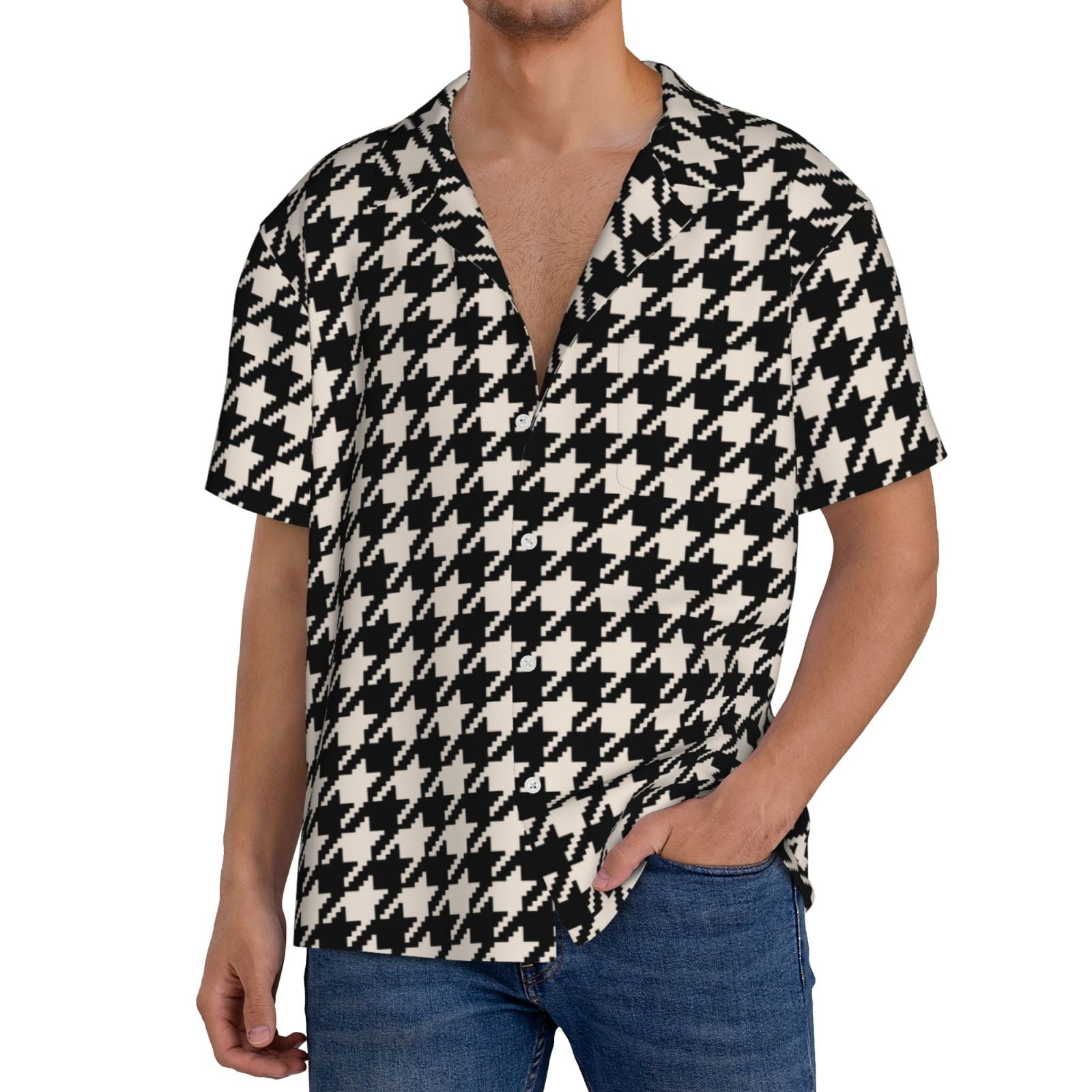 Balery Black and white houndstooth Pattern Men's Casual Button Down Shirt Short Sleeve Textured ...