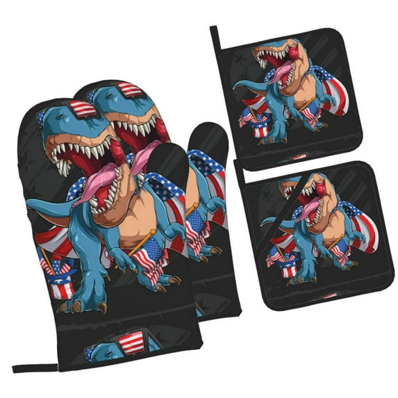 Balery Blue Dinosaur Pattern Oven Mitts and Pot Holders 4 pcs Set ...