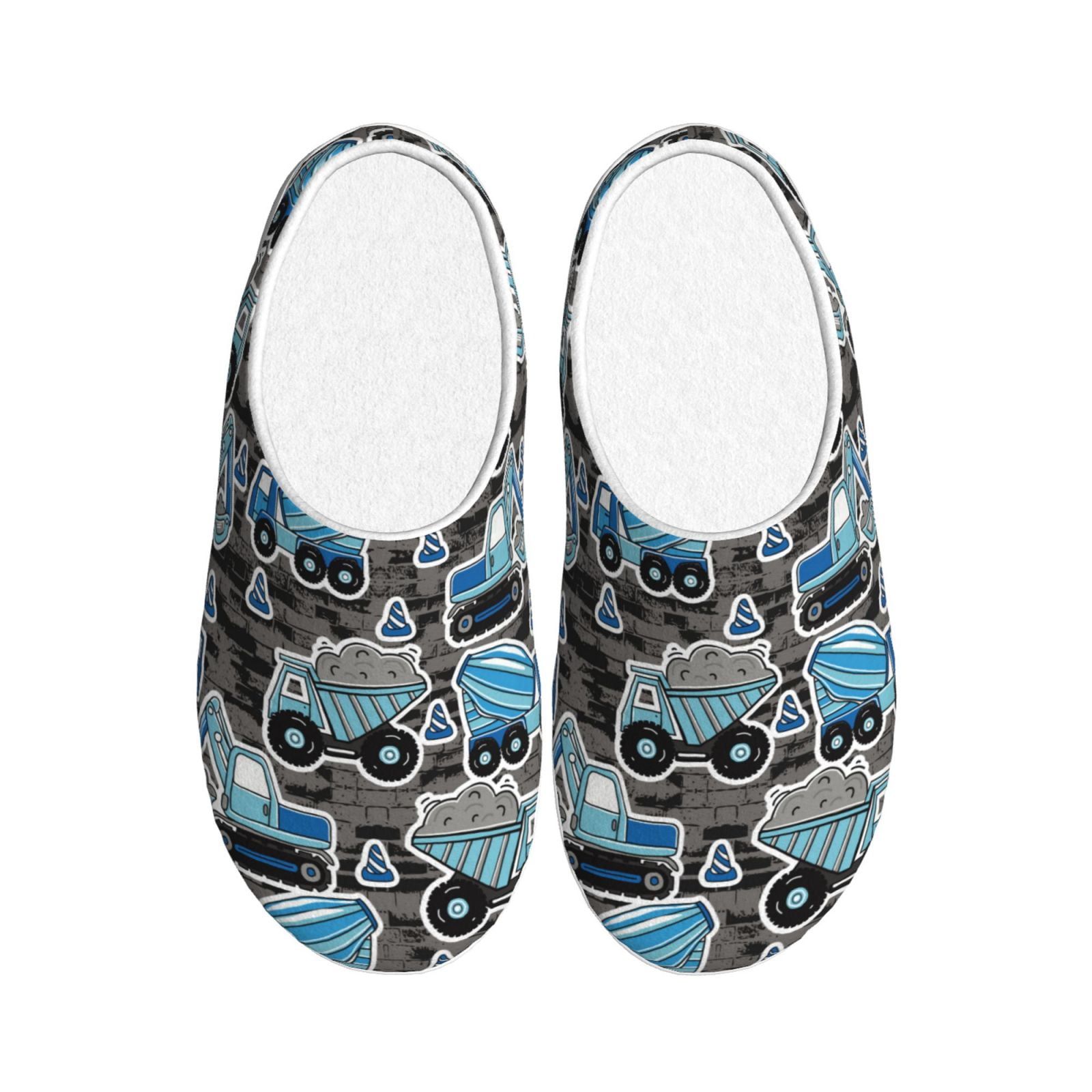 Balery Blue Excavator Pattern Women's Fuzzy Memory Foam Slippers Fluffy ...