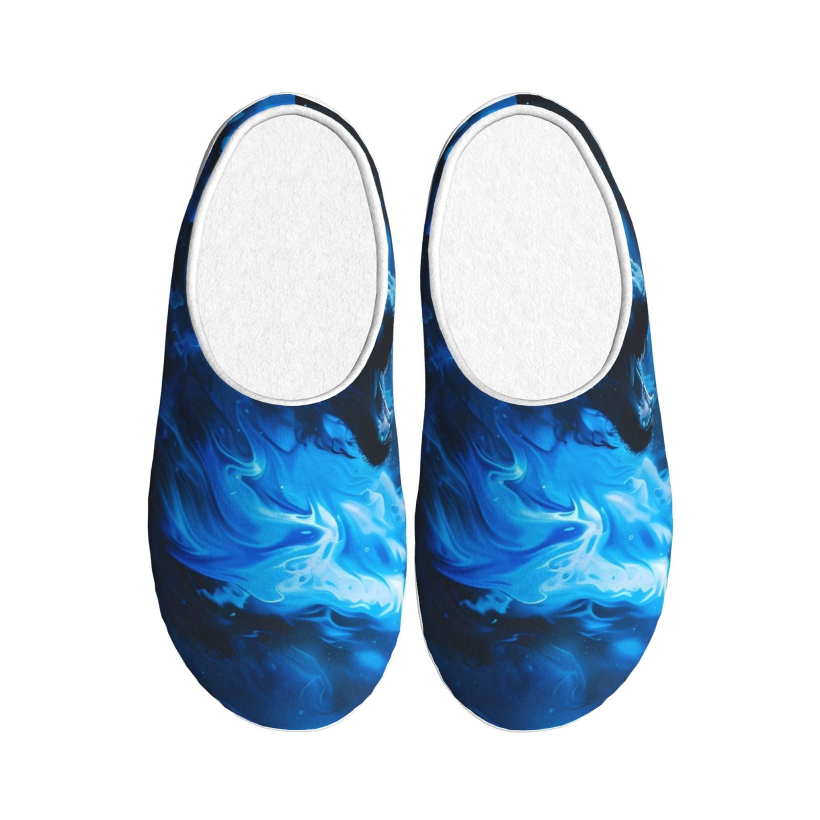 Balery Blue Fire Cool Wolf Pattern Women's Fuzzy Memory Foam Slippers ...