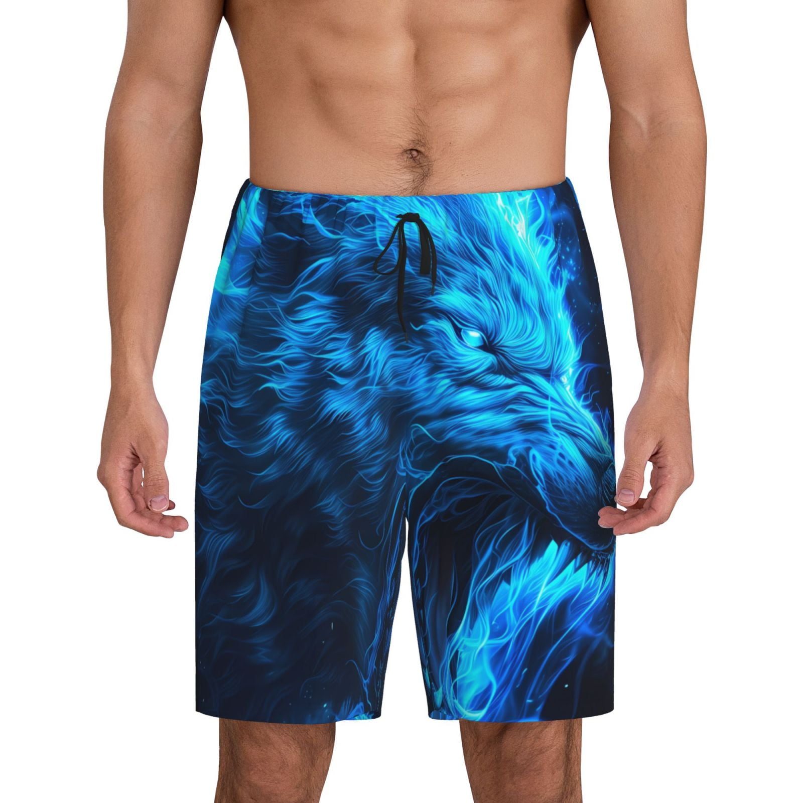 Balery Blue Fire Wolf Men's Cotton Knit Pajama Shorts Waistband ...