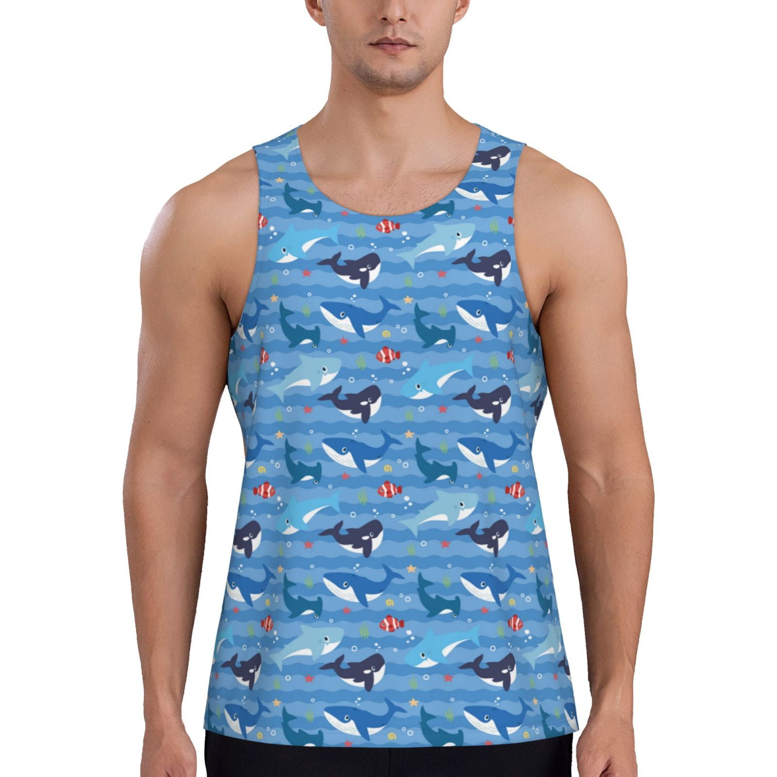 Balery Blue Fish Pattern Men's Workout Tank Top Gym Muscle Tee Fitness ...