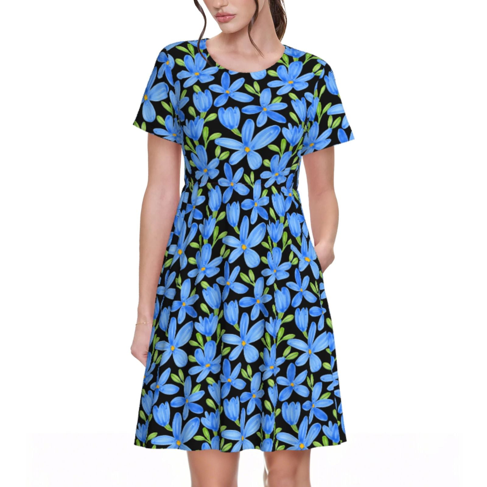 Balery Blue Flowers Pattern Womens Dresses Loose Short sleeve ...