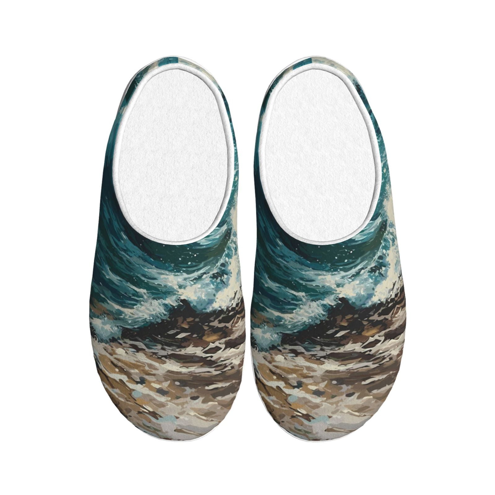 Balery Blue Ocean Waves Pattern Women's Fuzzy Memory Foam Slippers ...