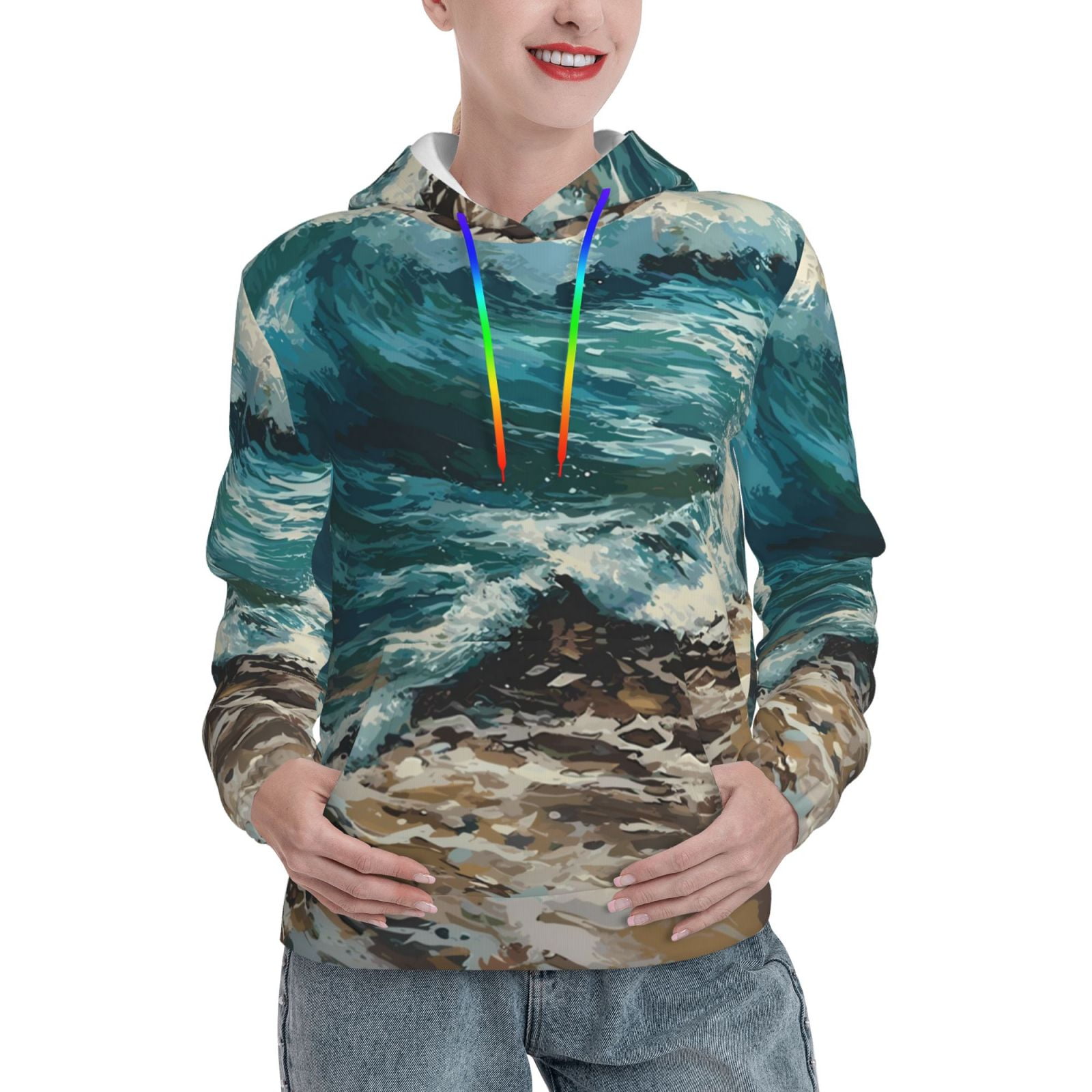 Balery Blue Ocean Waves Pattern Womens Long Sleeve Hoodie, Pullover ...