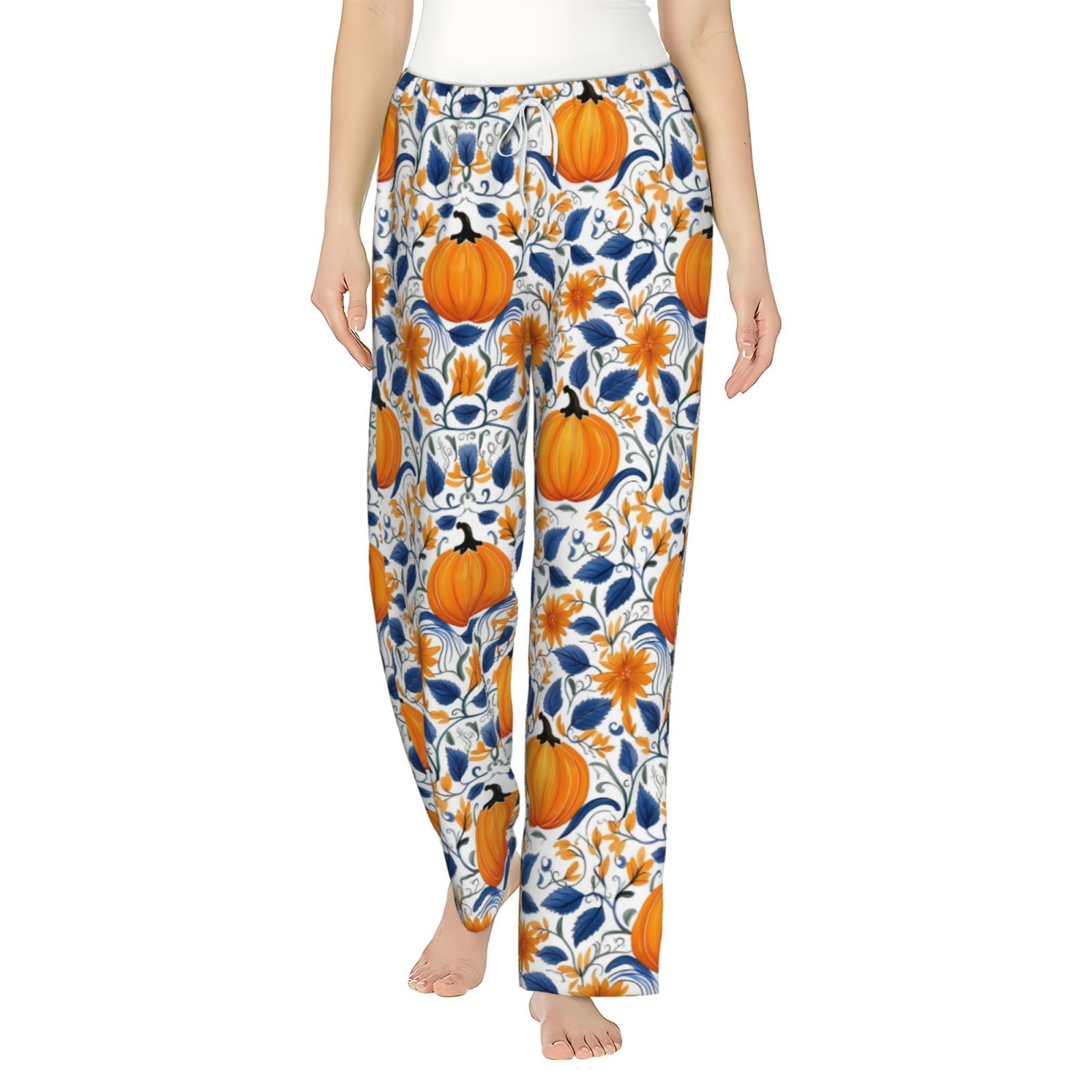 Balery Blue Orange Pumpkin fall print Women's Pajama Pants,Ultra ...