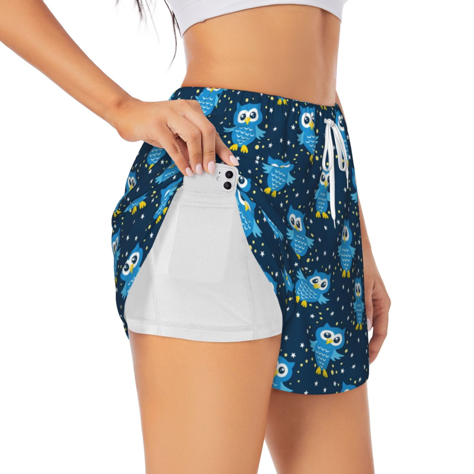 Balery Blue Owl Pattern Women's Running Shorts with Liner 2 Pockets ...