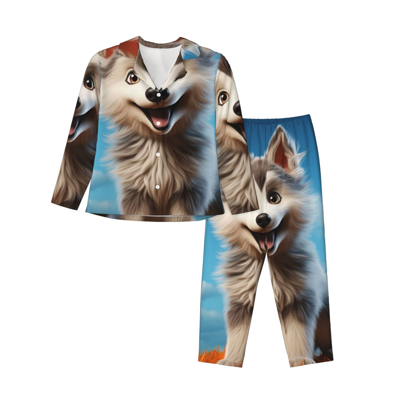 Balery Blue Sky Cute Wolf Pattern Pajama Sets for Women Long Sleeve 2 ...