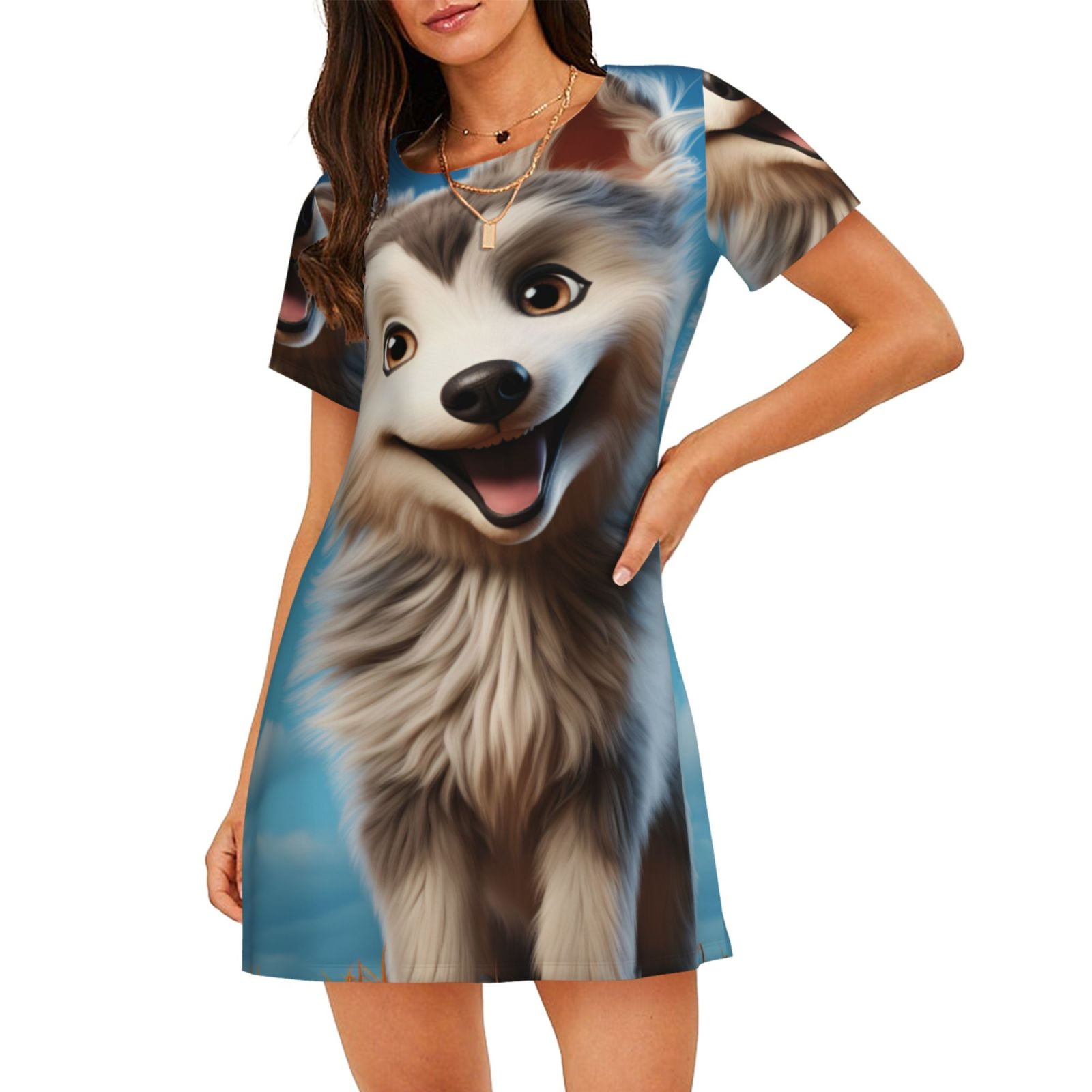 Balery Blue Sky Cute Wolf Pattern Womens Short Sleeve Sleepshirt ...