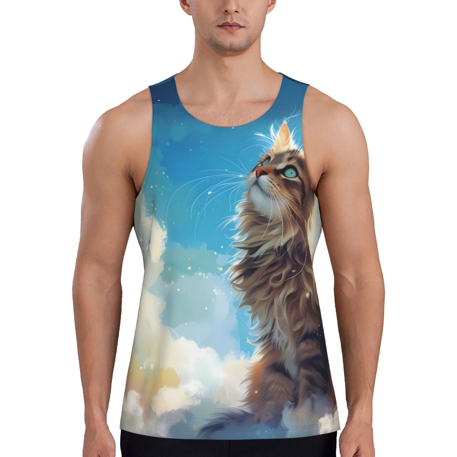 Balery Blue Sky Winged Cat Pattern Men's Workout Tank Top Gym Muscle ...