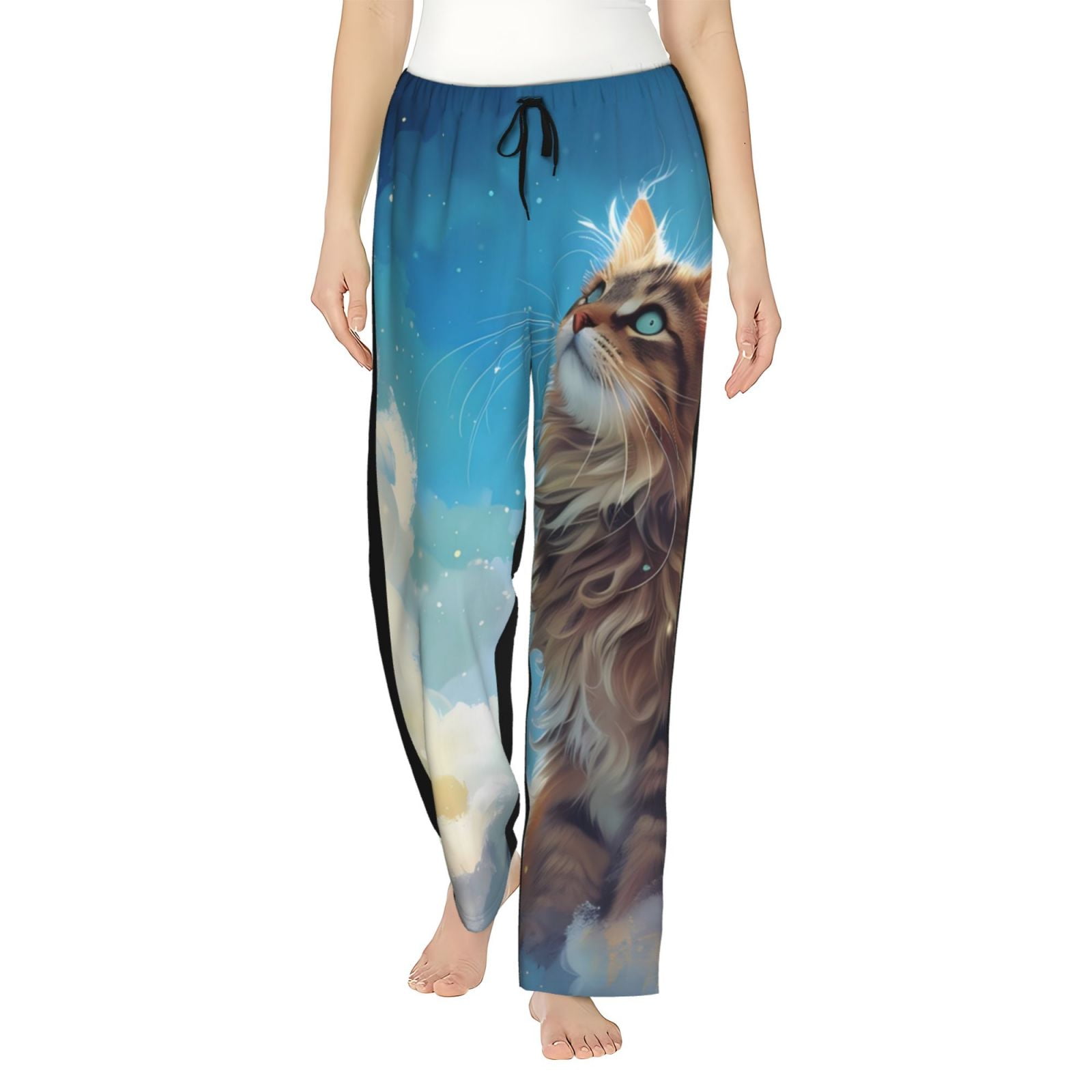 Balery Blue Sky Winged Cat print Women's Pajama Pants,Ultra Lightweight ...