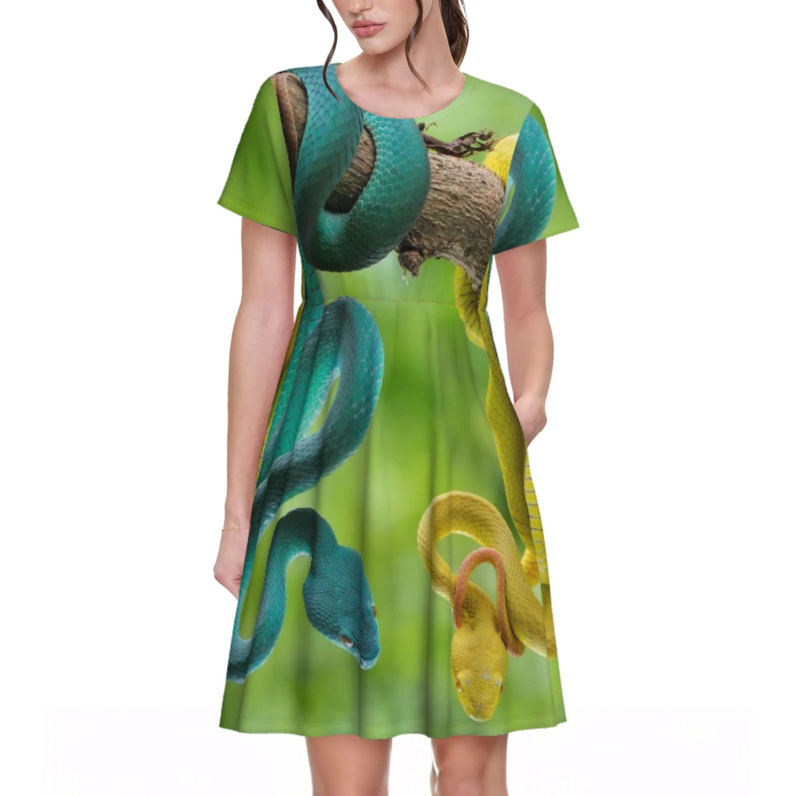 Balery Blue Viper And Yellow Viper Snake Pattern Womens Dresses Loose ...