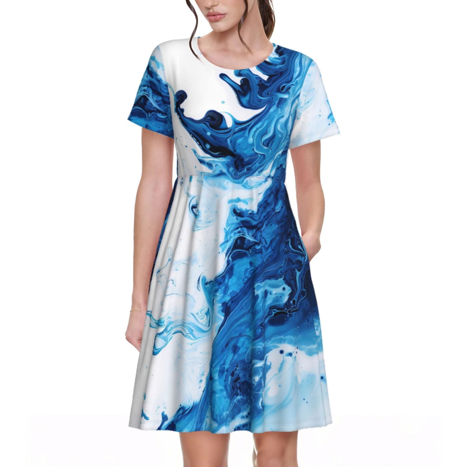Balery Blue White Fluid Art Pattern Womens Dresses Loose Short sleeve ...