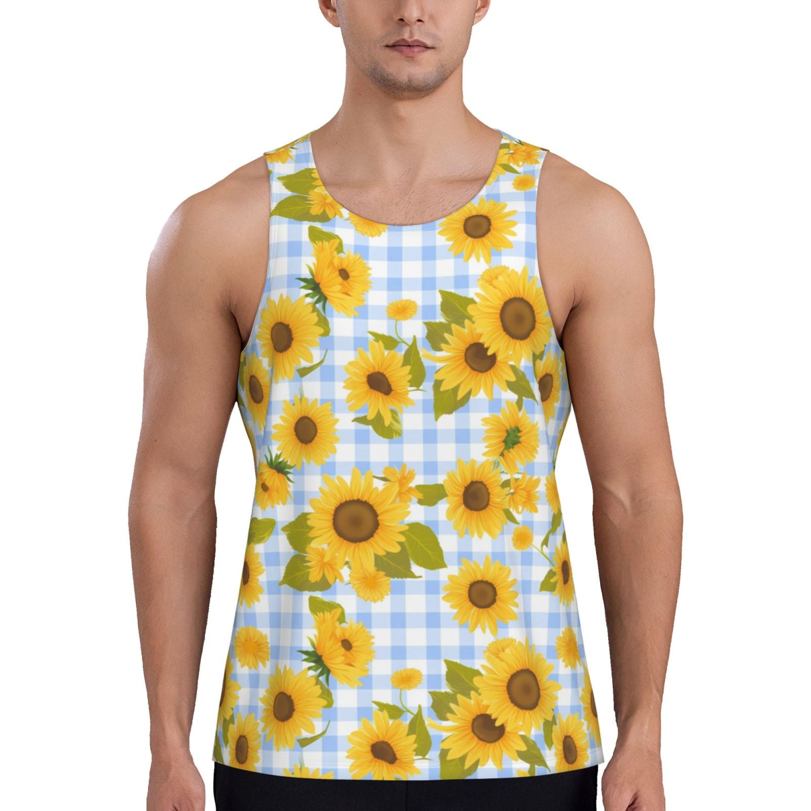 Balery Blue White Plaid Sunflower Pattern Men's Workout Tank Top Gym ...