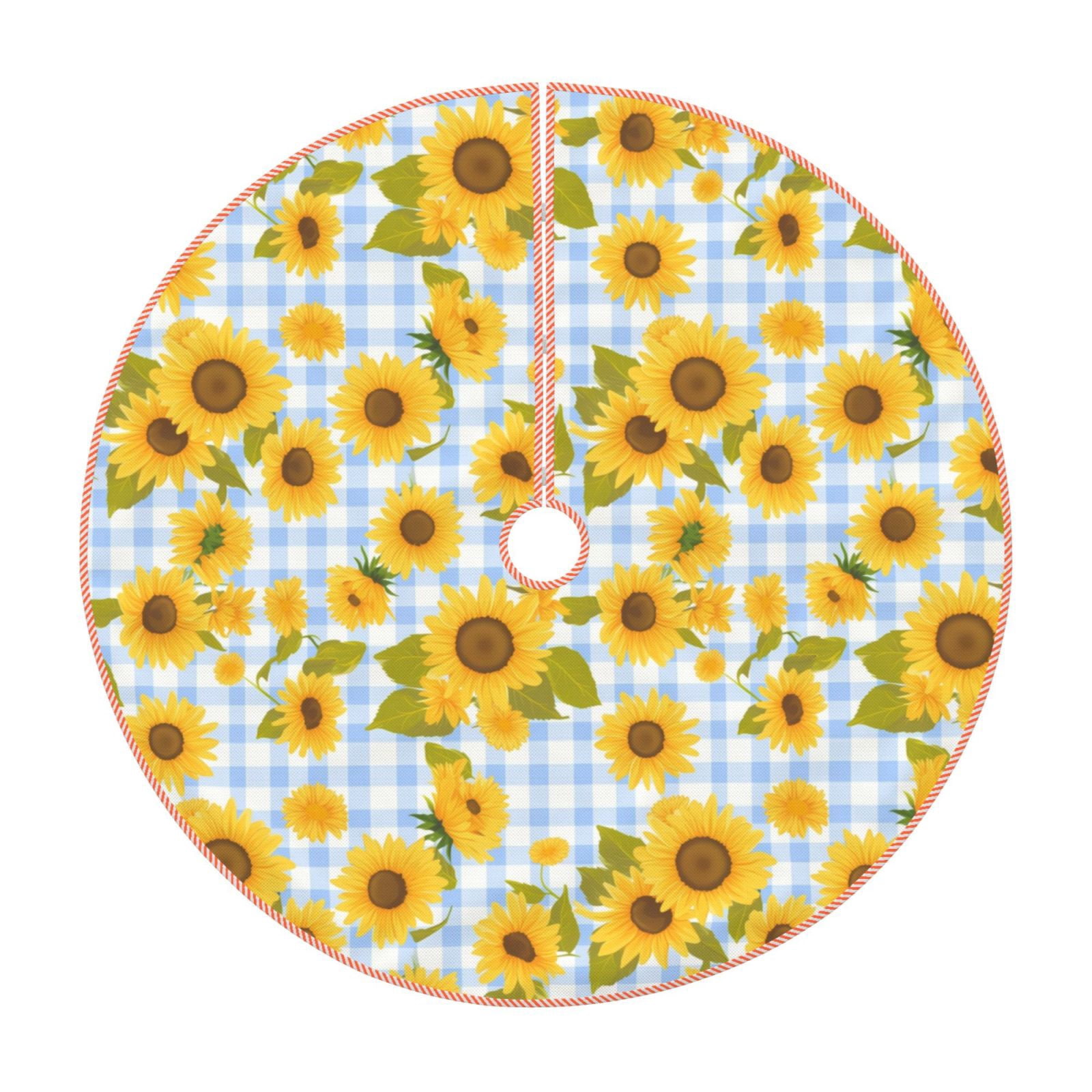 Balery Blue White Plaid Sunflower Printed Christmas Tree Skirt , Merry ...
