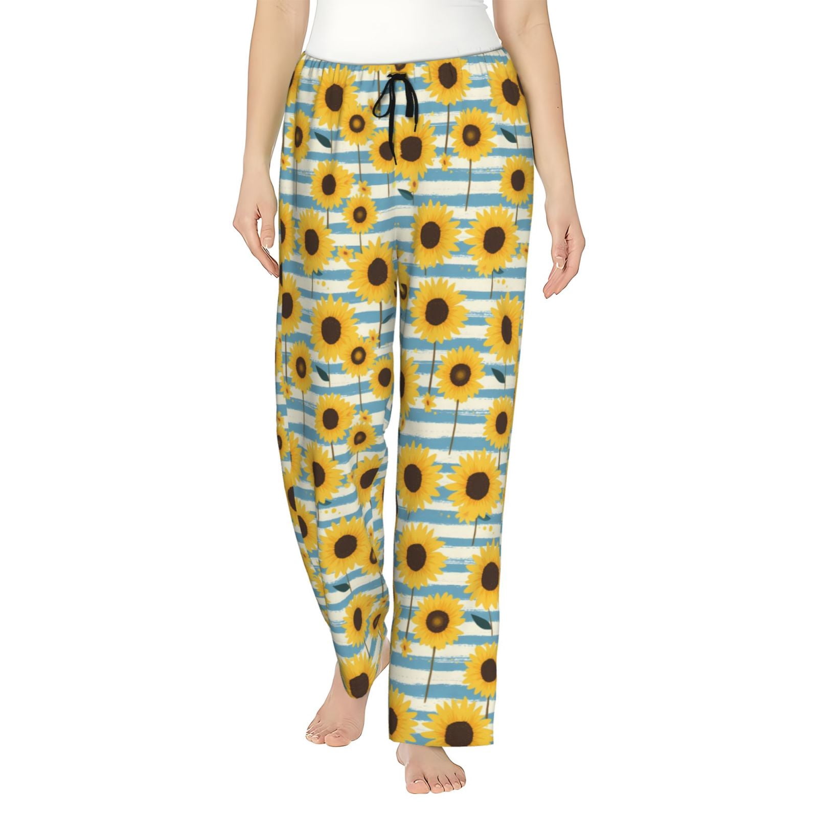 Balery Blue White Striped Sunflower A print Women's Pajama Pants,Ultra ...