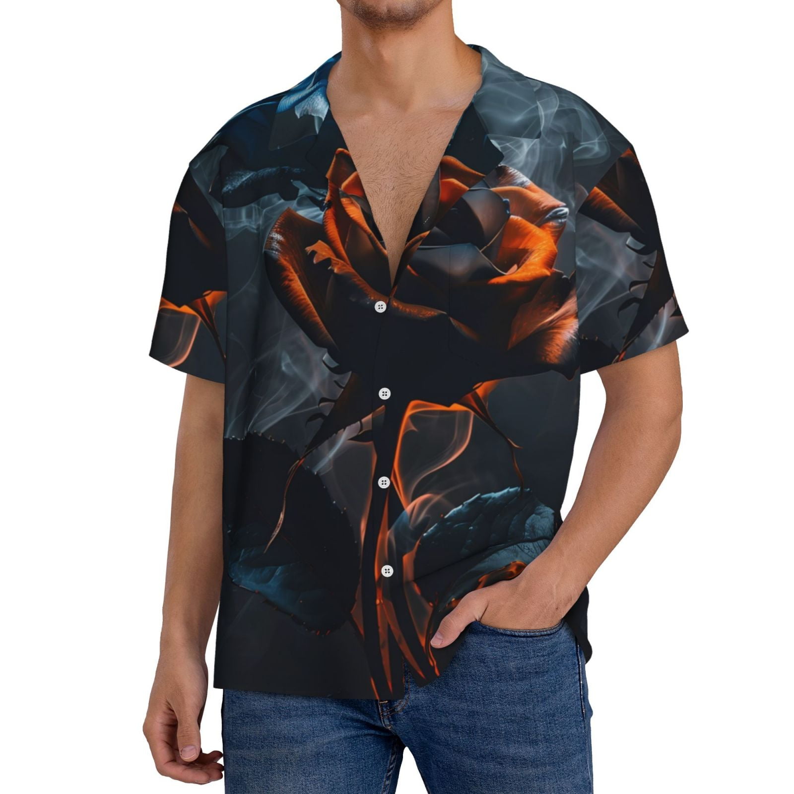 Balery Blue and Red Roses Artwork Men's Casual Button Down Shirt Short ...