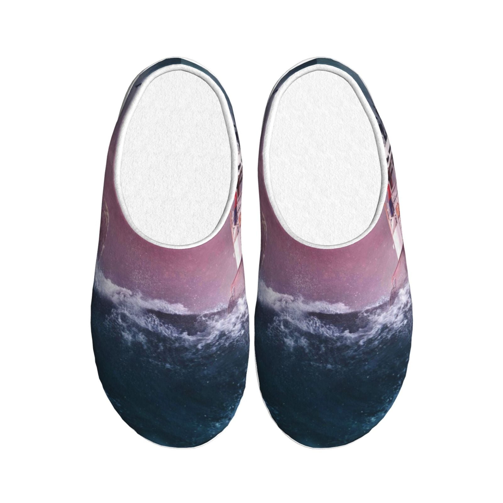 Balery Boat Lighthouse Storm Waves Pattern Women's Fuzzy Memory Foam ...