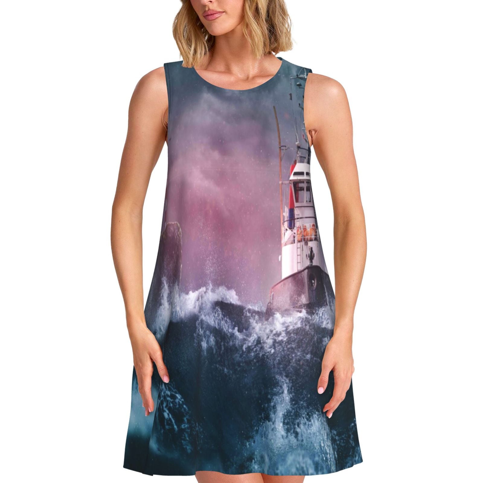Balery Boat Lighthouse Storm Waves Pattern Women’s Summer Dresses ...