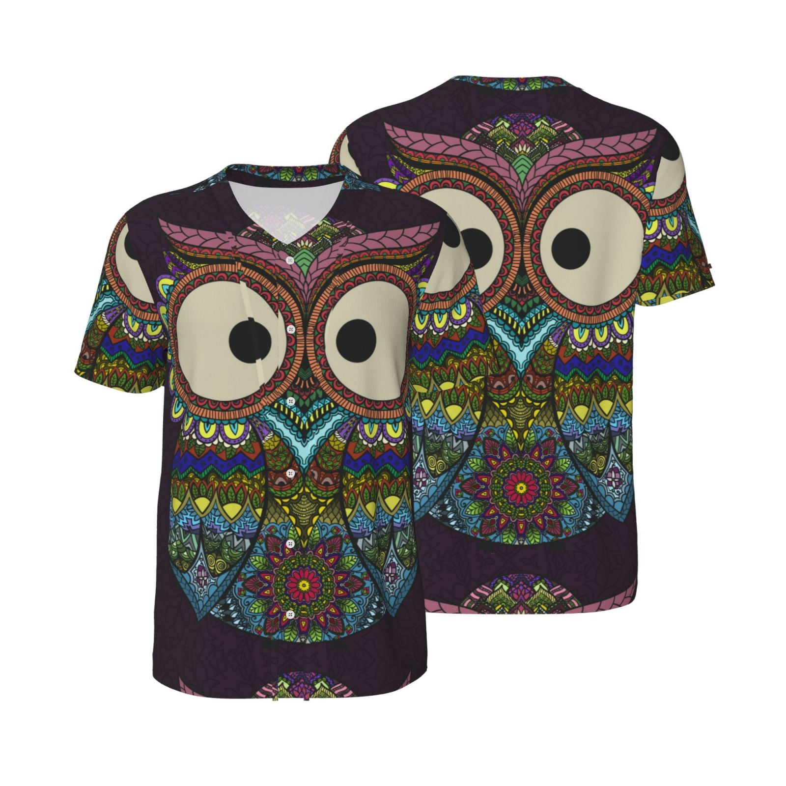 Balery Boho Owl Baseball Jersey for Men Casual Button Down Shirts Short ...